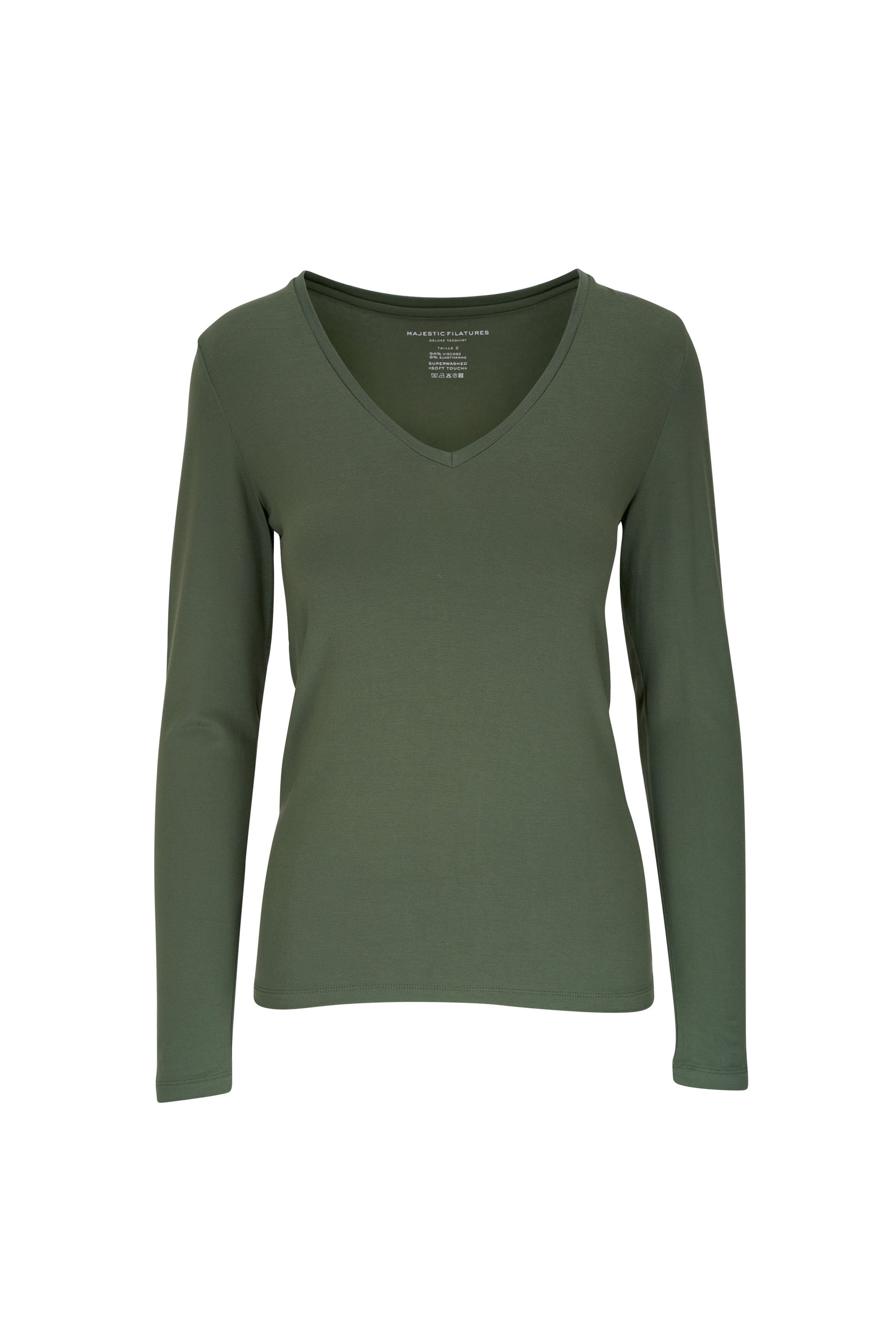 Majestic - Superwashed Mousse Green Stretch V-Neck T-Shirt