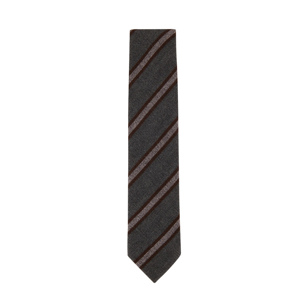 Brioni - Gray Wool & Silk Diagonal Stripe Necktie