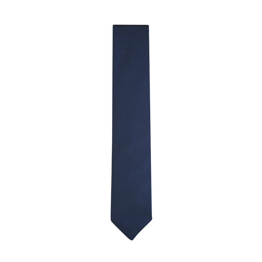 Brioni - Solid Navy Blue Textured Silk Necktie | Mitchell Stores