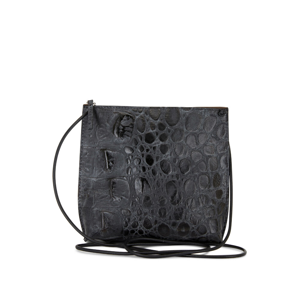 B May Bags - Black Croc Embossed Leather Strappy Pouch