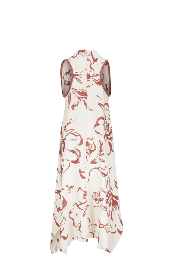 Agnona - White & Brown Floral Print V-Neck Racerback Dress