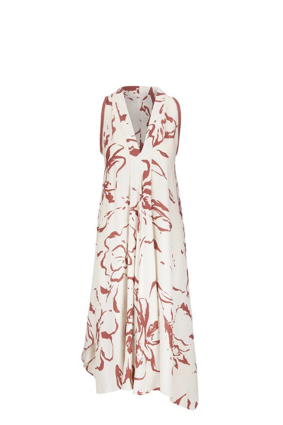 Agnona - White & Brown Floral Print V-Neck Racerback Dress