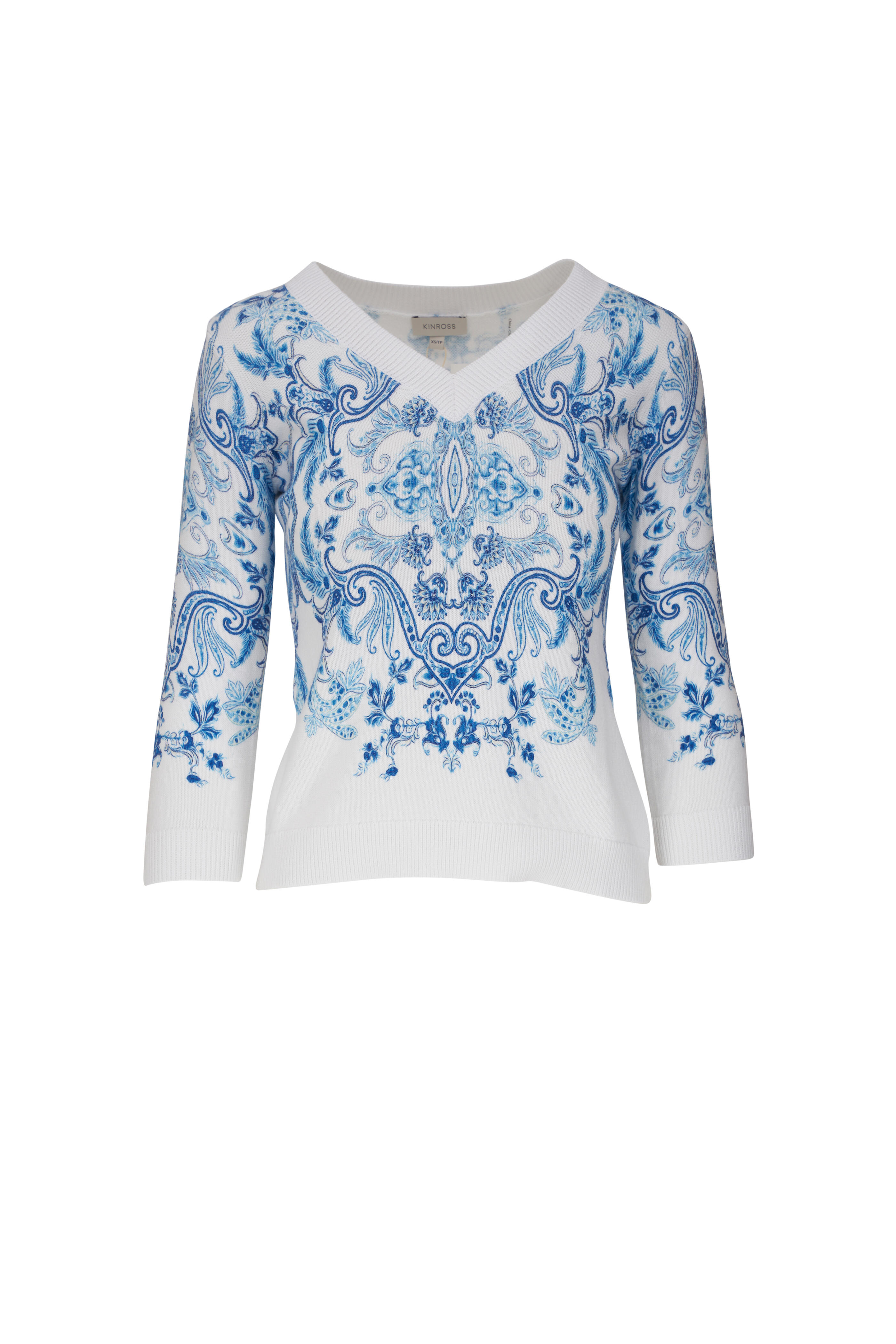 Kinross - White Tavira Print V-Neck Sweater | Mitchell Stores