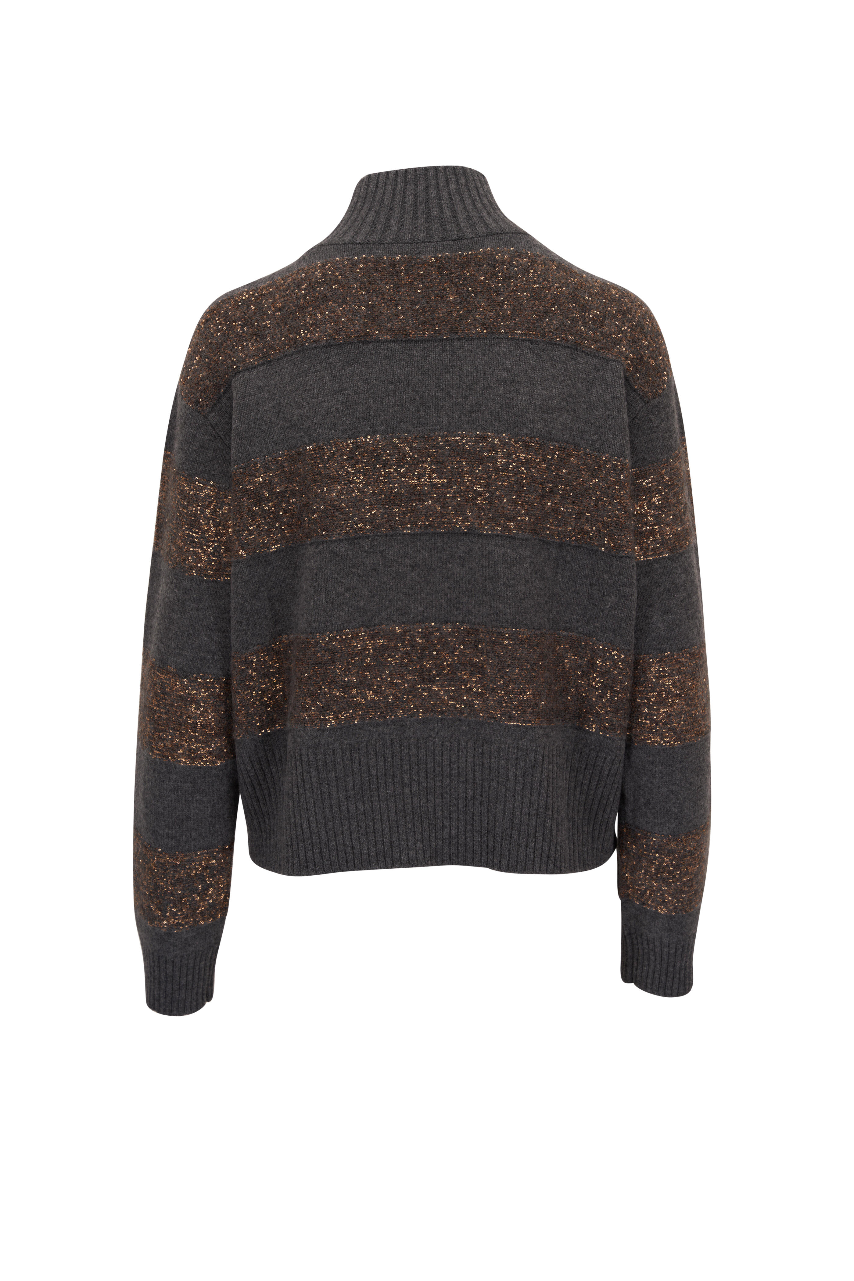 Brunello Cucinelli - Gray & Gold Paillette Rugby Striped Mock Sweater