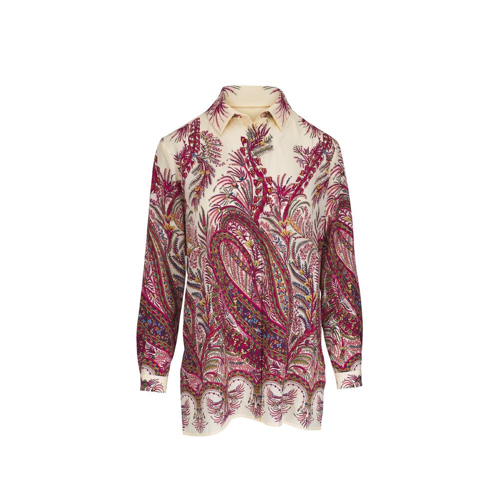 Etro - Beige & Red Multi Floral Motif Print Silk Shirt