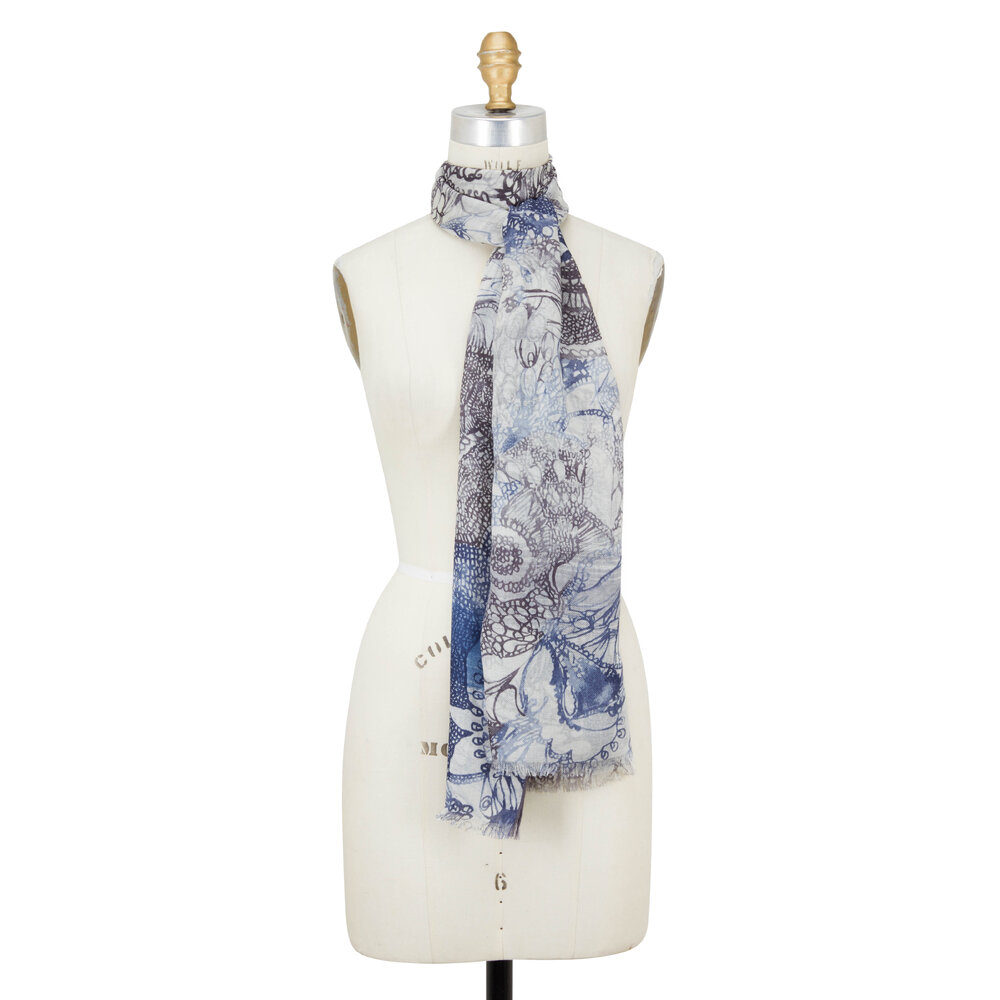 Loro Piana - Blue & White Cashmere & Silk Mehndi Print Scarf