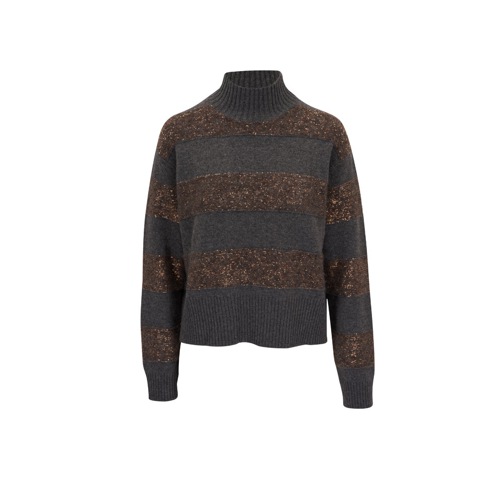 Brunello Cucinelli - Gray & Gold Paillette Rugby Striped Mock Sweater