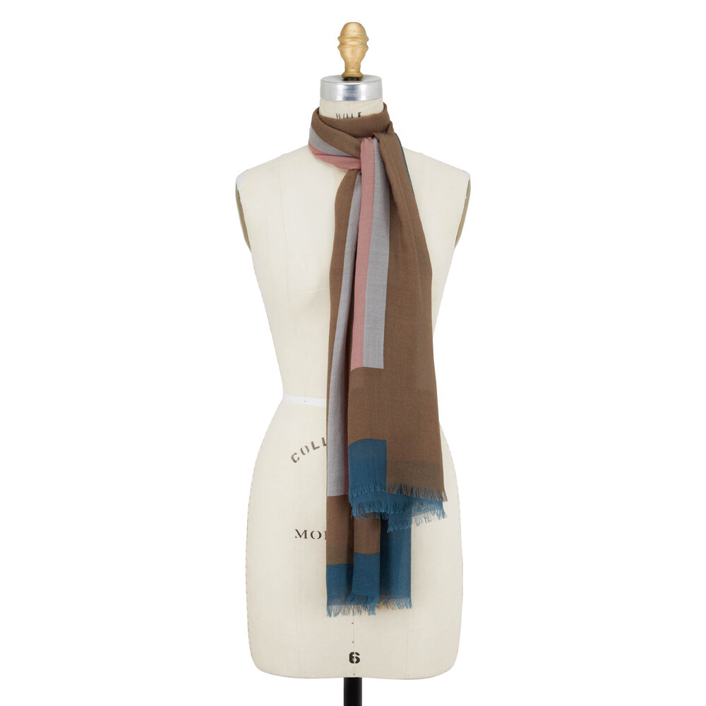 Loro Piana - Light Pink & Olive Striped Cashmere & Silk Scarf