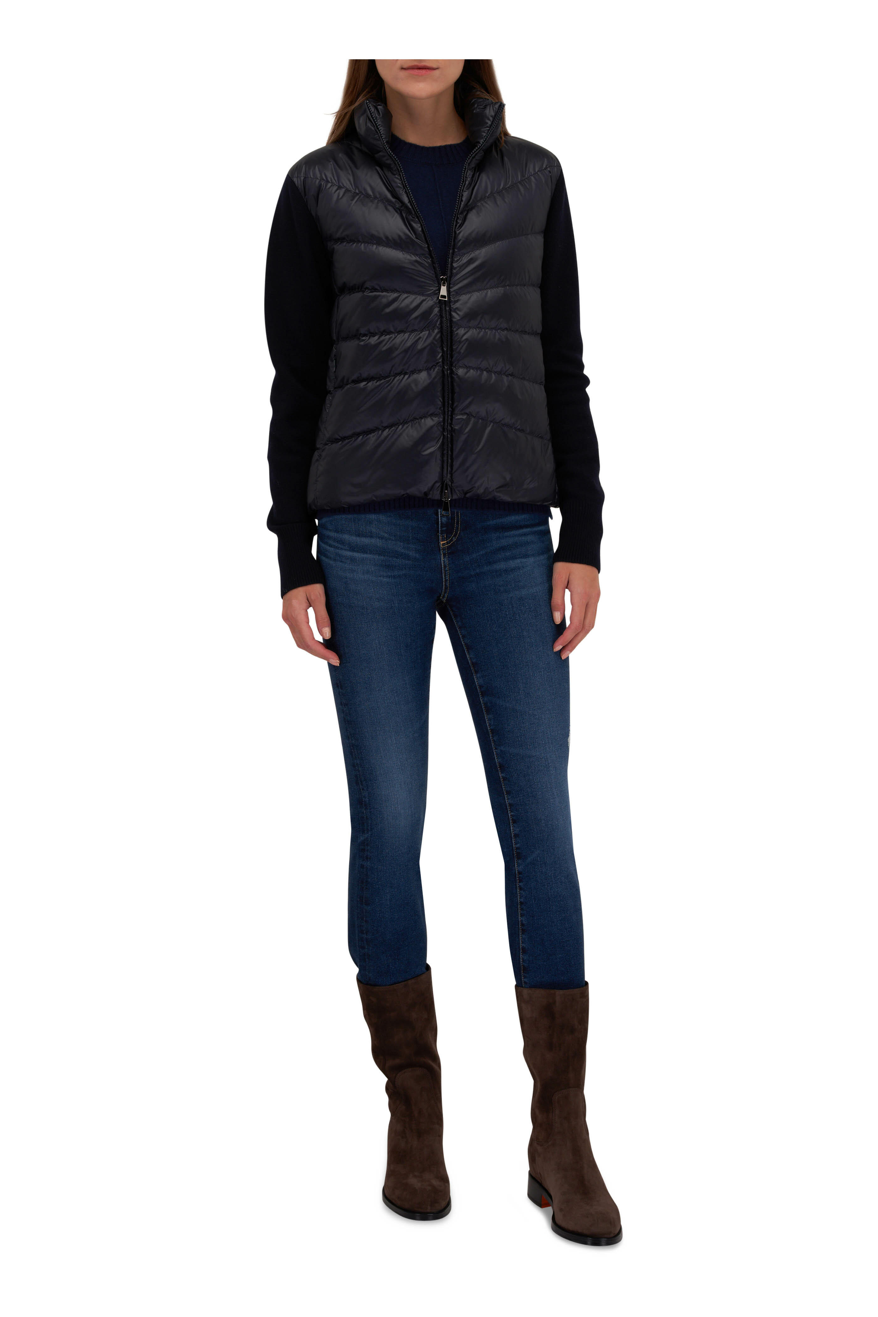 Moncler - Navy Blue Down Knit Ribbed Jacket | Mitchell Stores