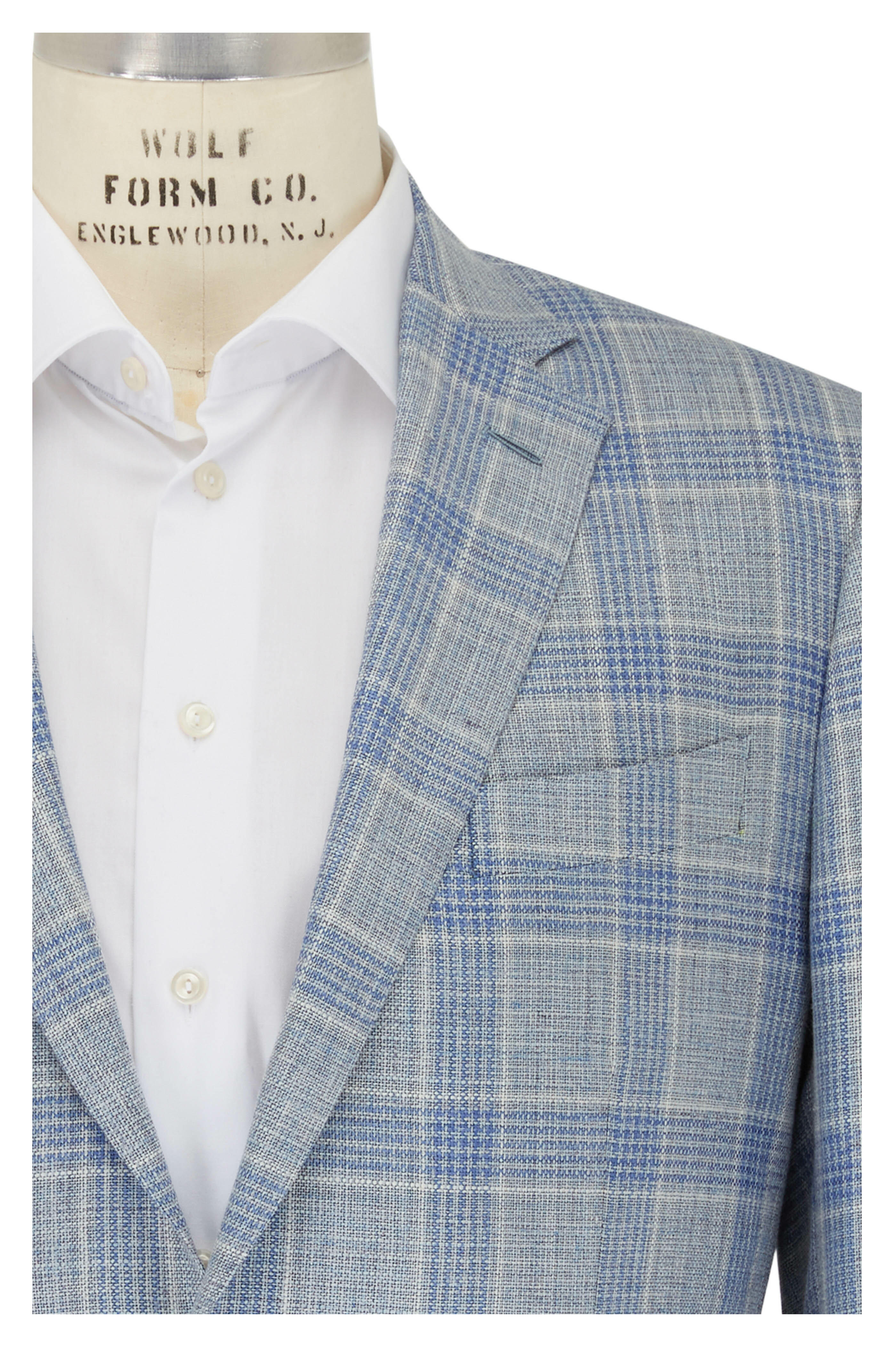 Atelier Munro - Silver & Blue Wool, Silk, Linen Check Sportcoat