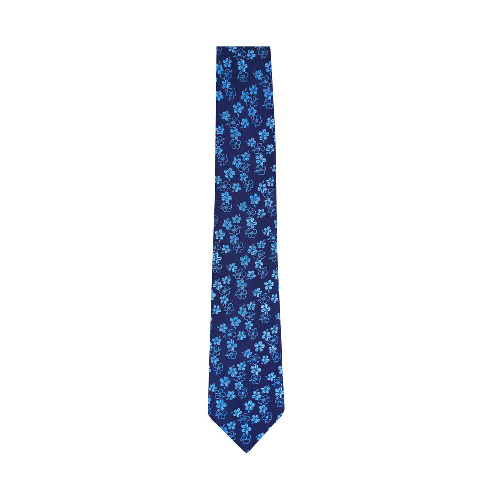 Kiton - Blue Floral Print Silk Necktie | Mitchell Stores