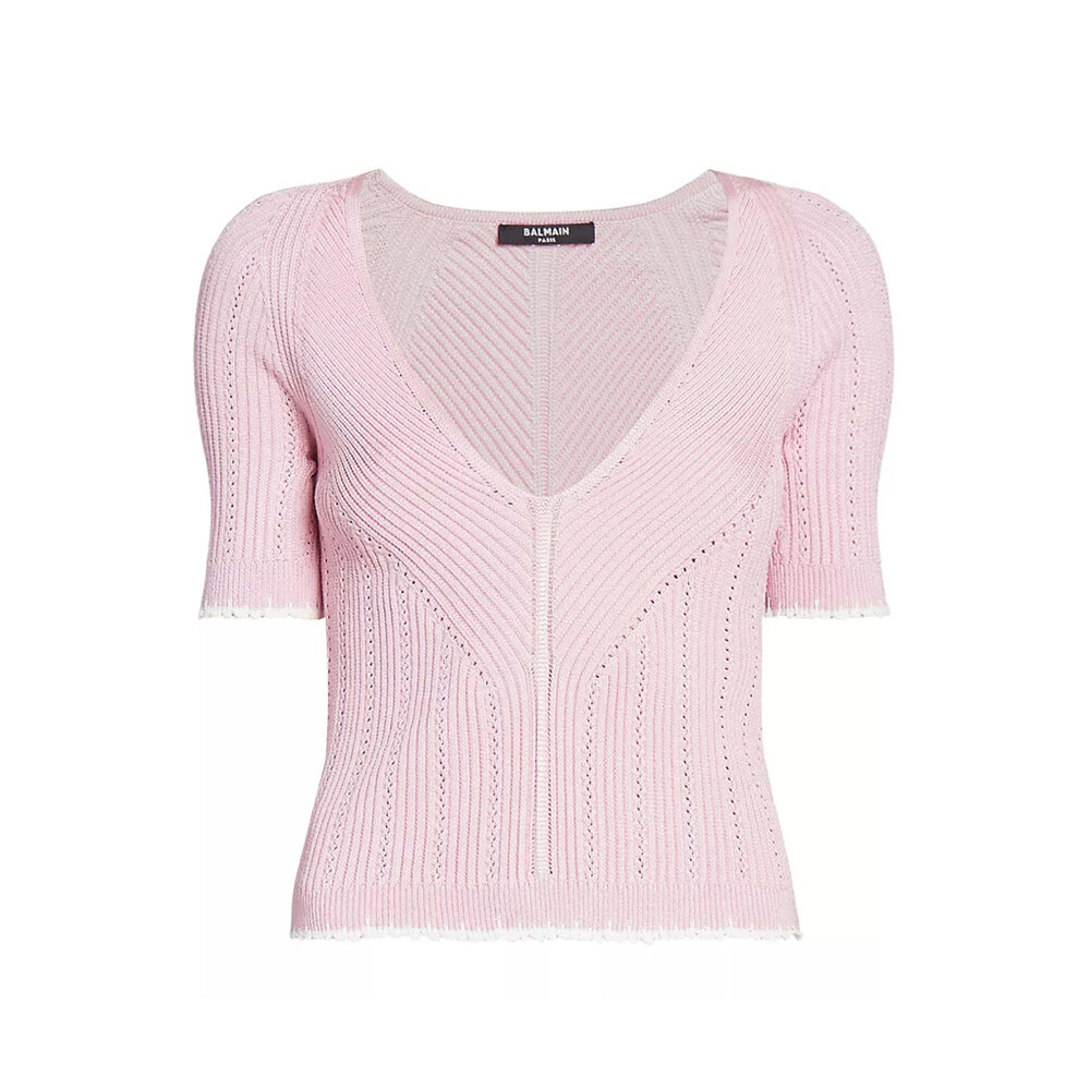 Balmain - Rose and Blanc Knit V Neck Top | Mitchell Stores