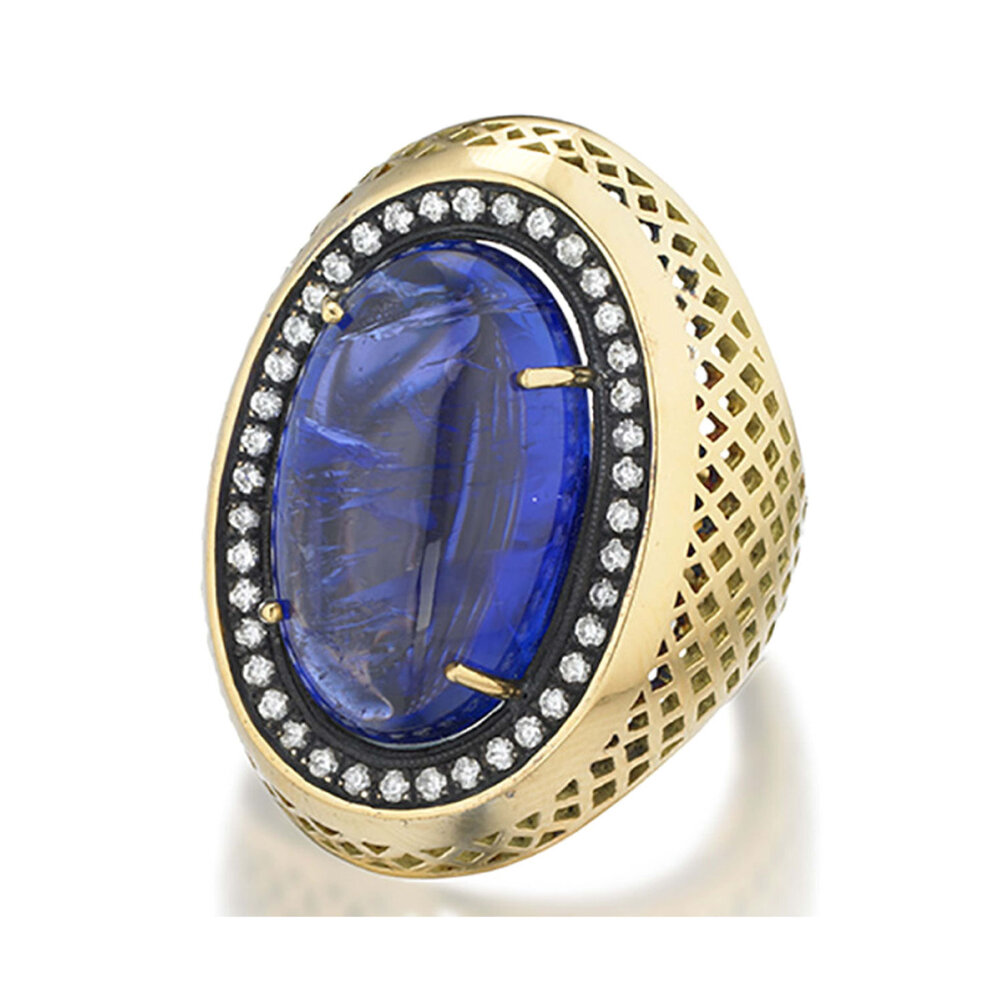 Ray Griffiths - Yellow Gold Cabochon Tanzanite and Diamond Ring