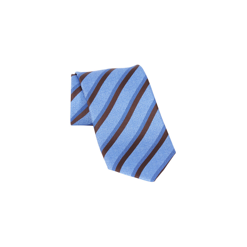 Zegna - Light Blue & Brown Striped Silk Necktie | Mitchell Stores