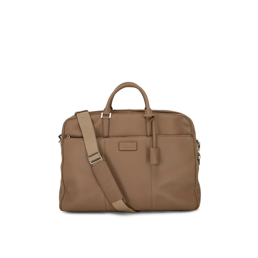 Kiton - Taupe Grained Leather Messenger Bag | Mitchell Stores