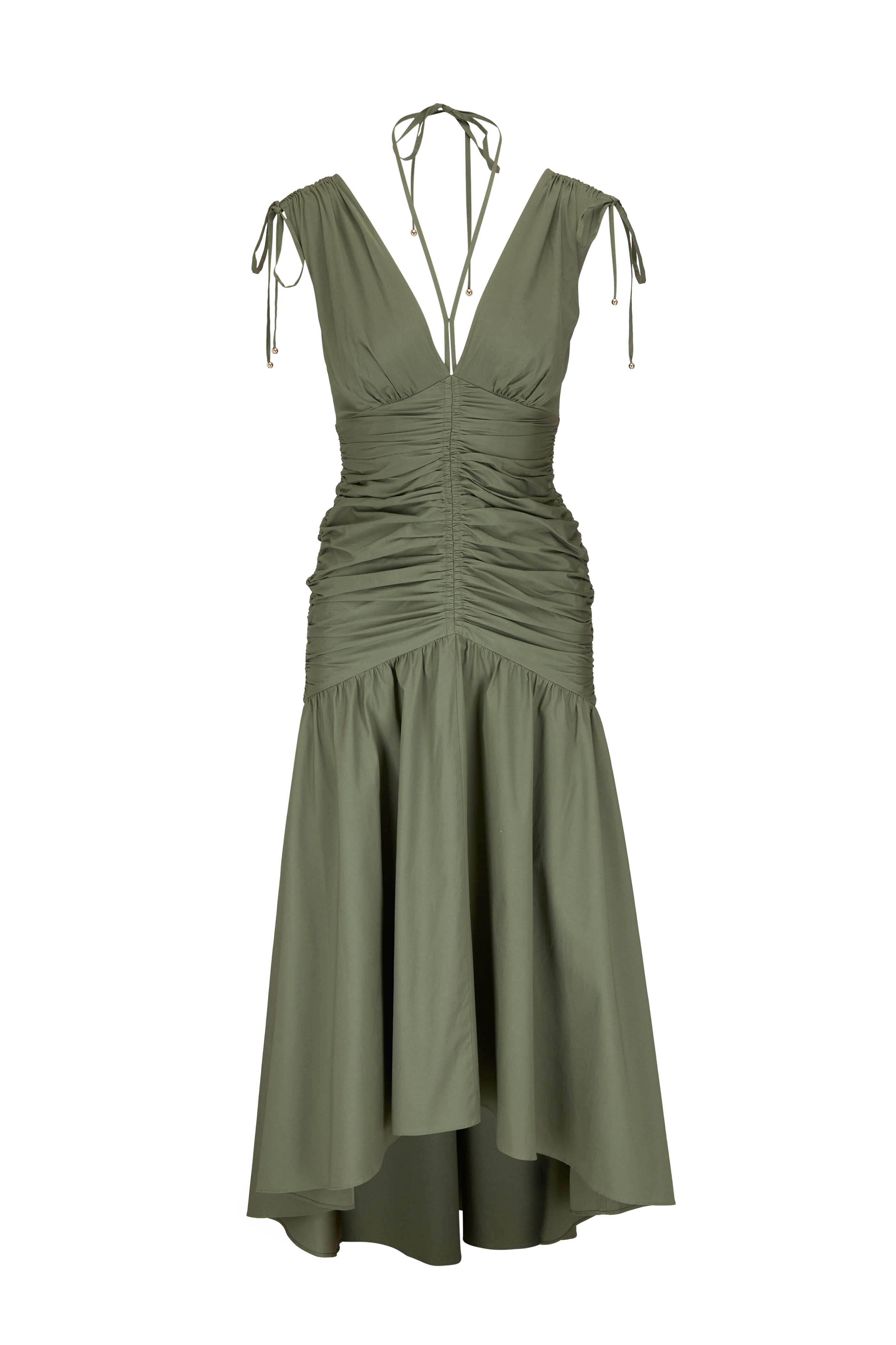 Veronica Beard - Perrin Stone Army Green Ruched High-Low Maxi Dress