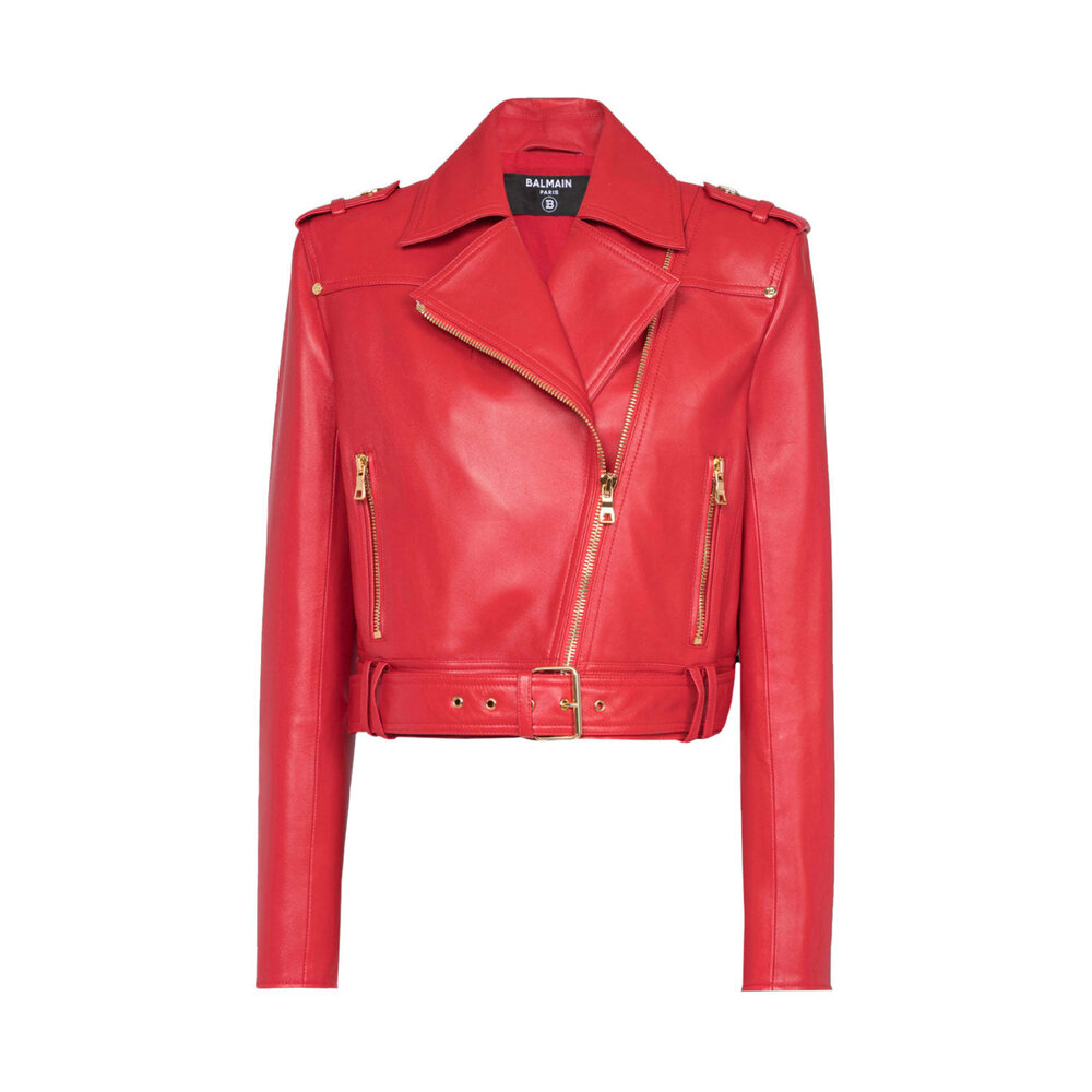 Balmain - Rouge Leather Cropped Belted Biker Jacket