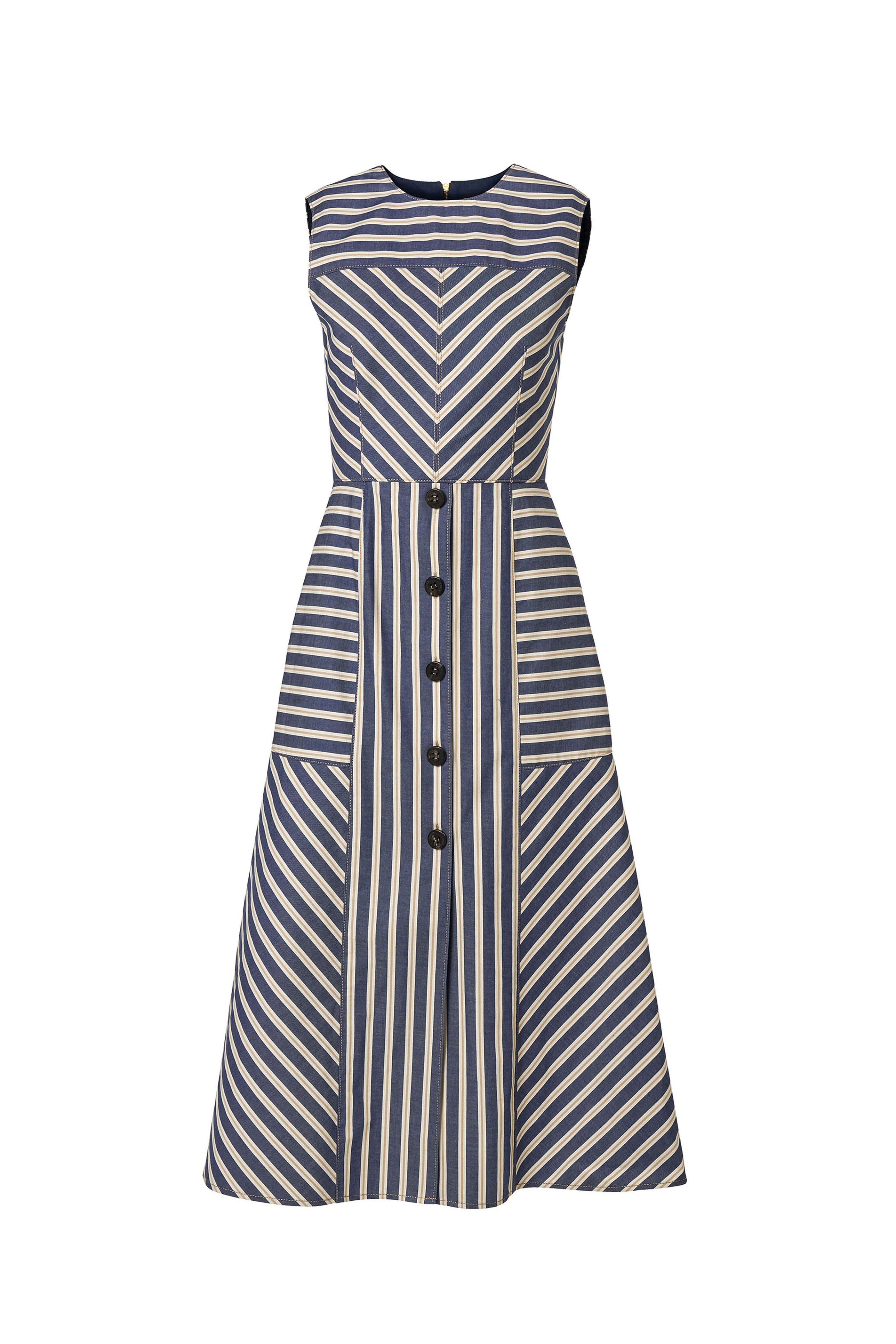 Carolina Herrera - Blue Denim Stripe Cotton A-Line Dress
