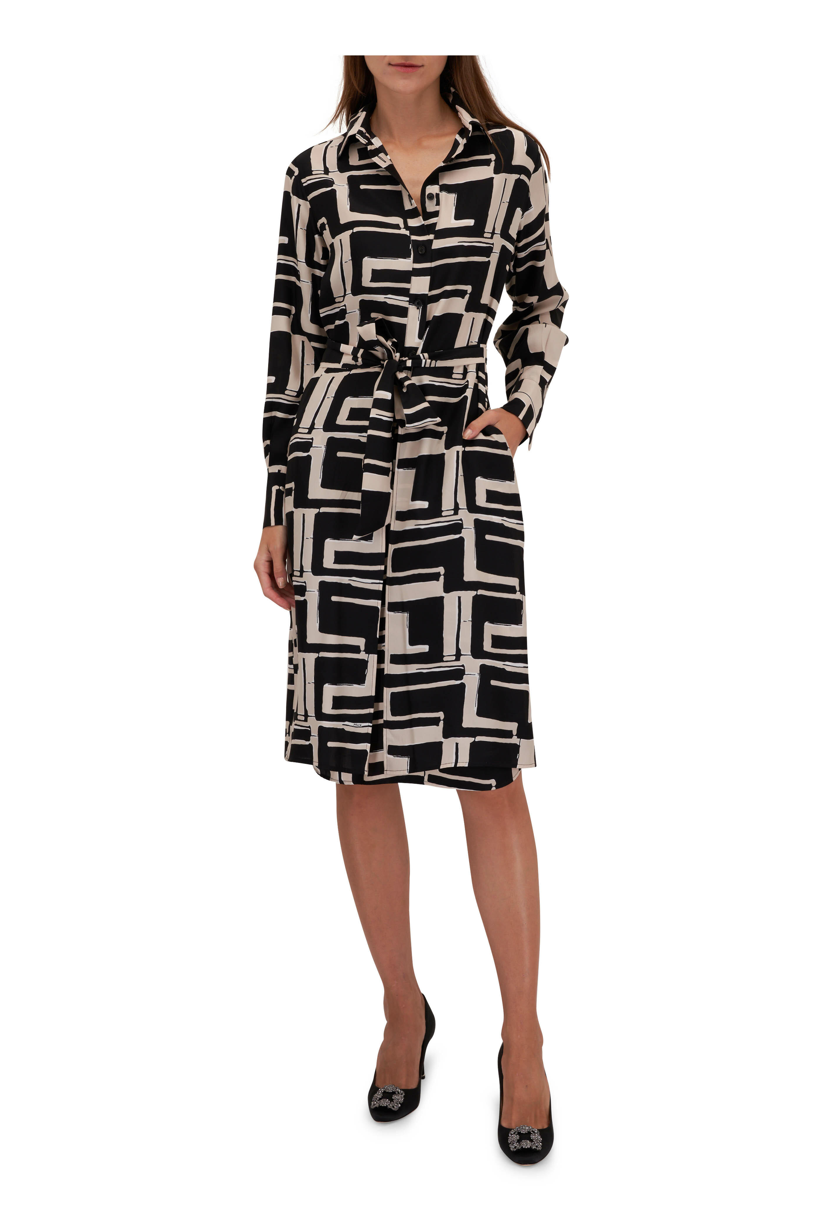 Kiton - Black & Cream Geometric Print Silk Dress