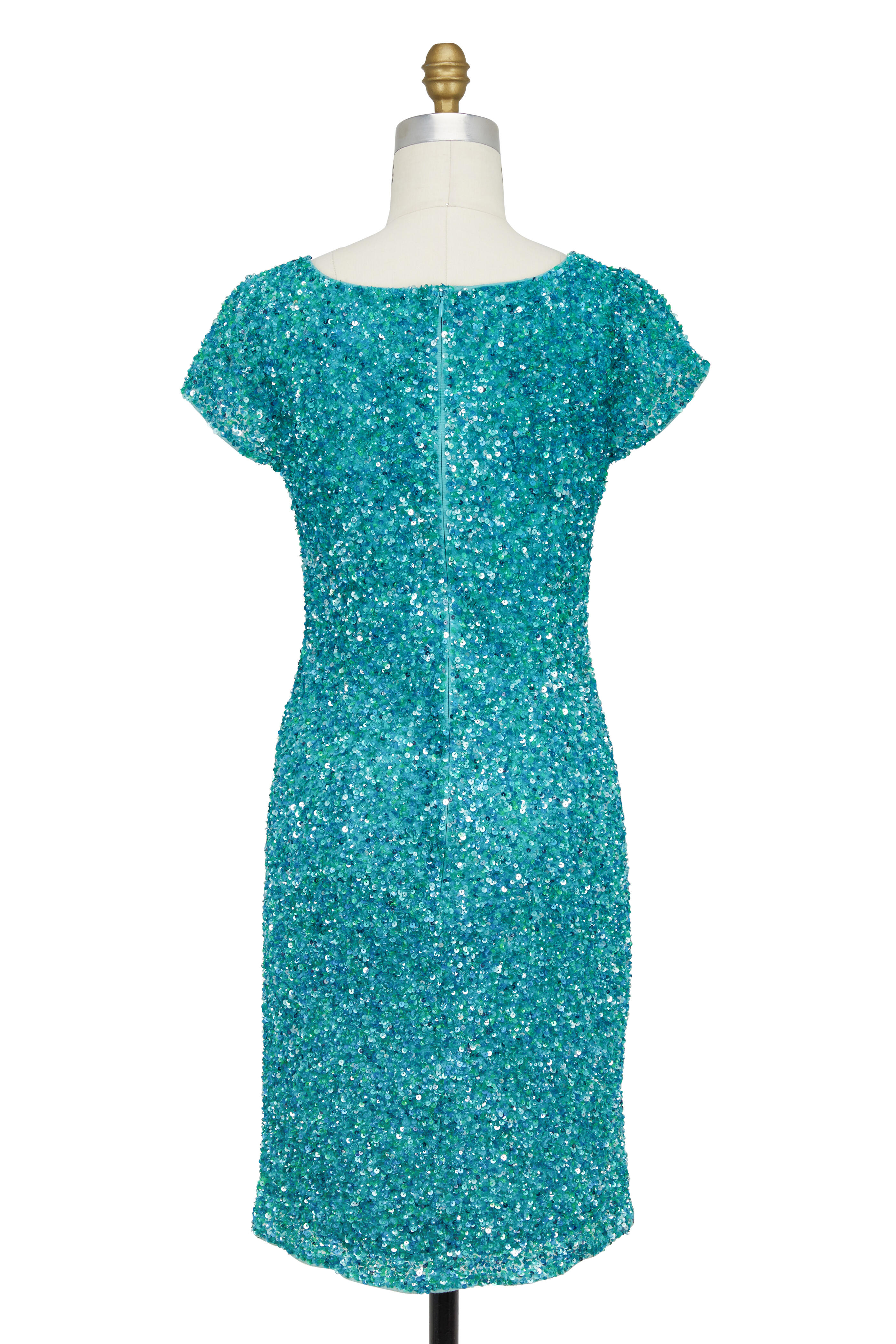 Theia Aqua Sequin Cap Sleeve Cocktail Dress Mitchell Stores
