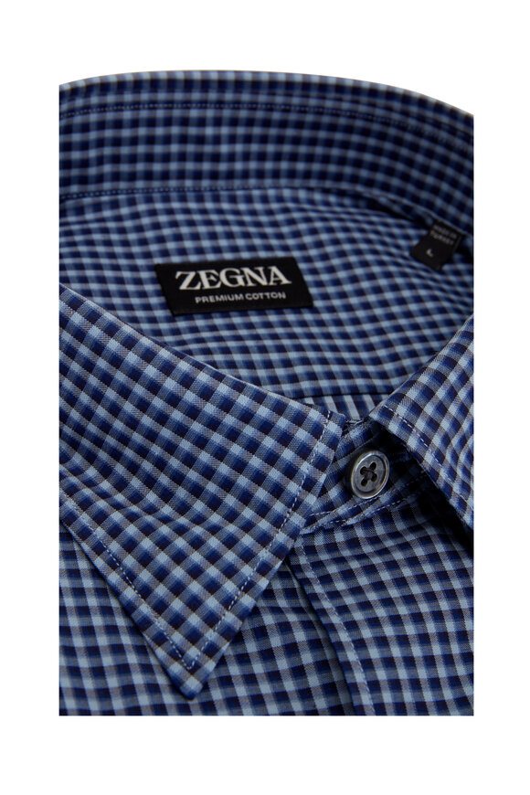 Zegna - Dark Blue Mini Check Cotton Sport Shirt | Mitchell Stores