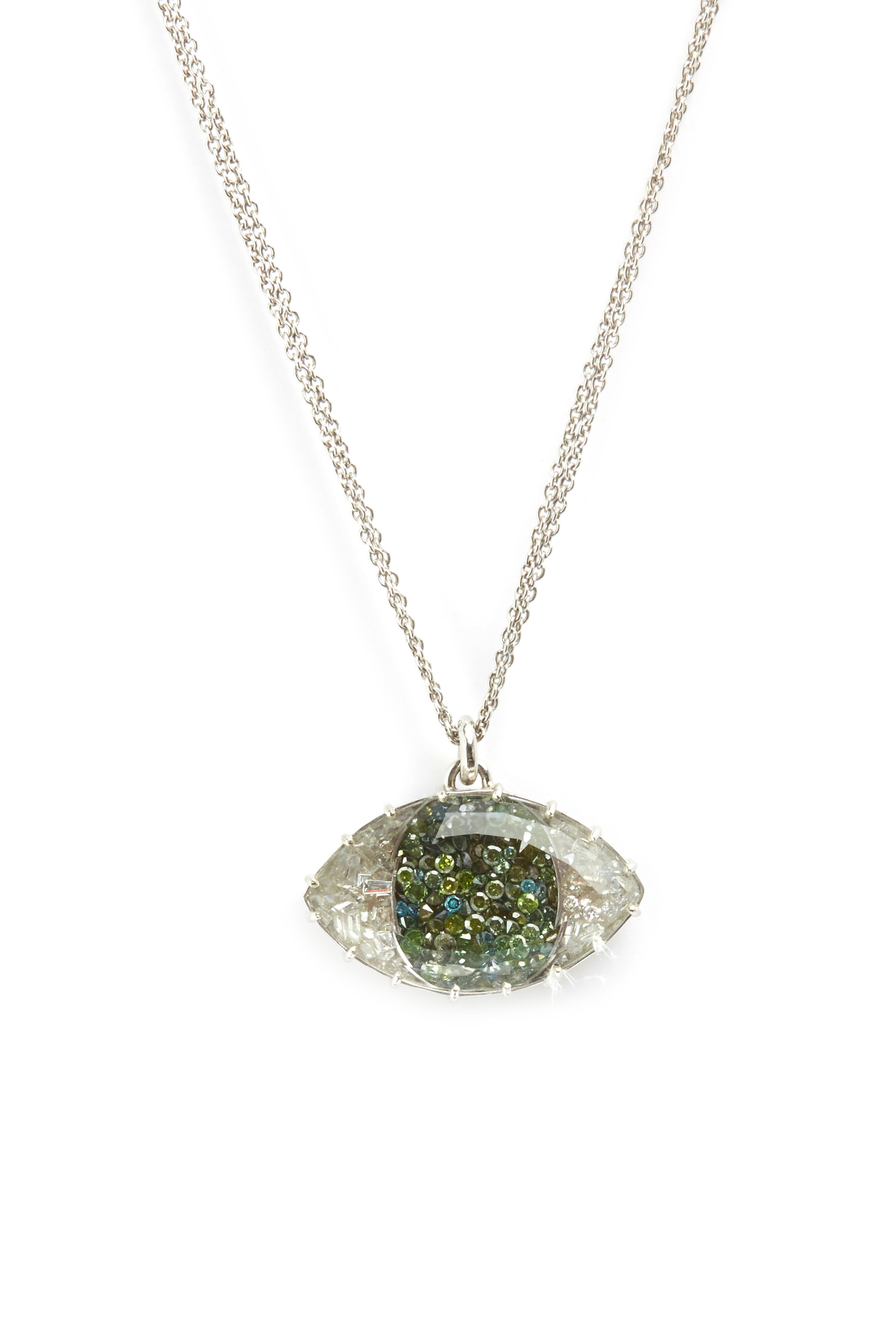 Renee Lewis - White Gold Green & White Diamond Evil Eye Necklace