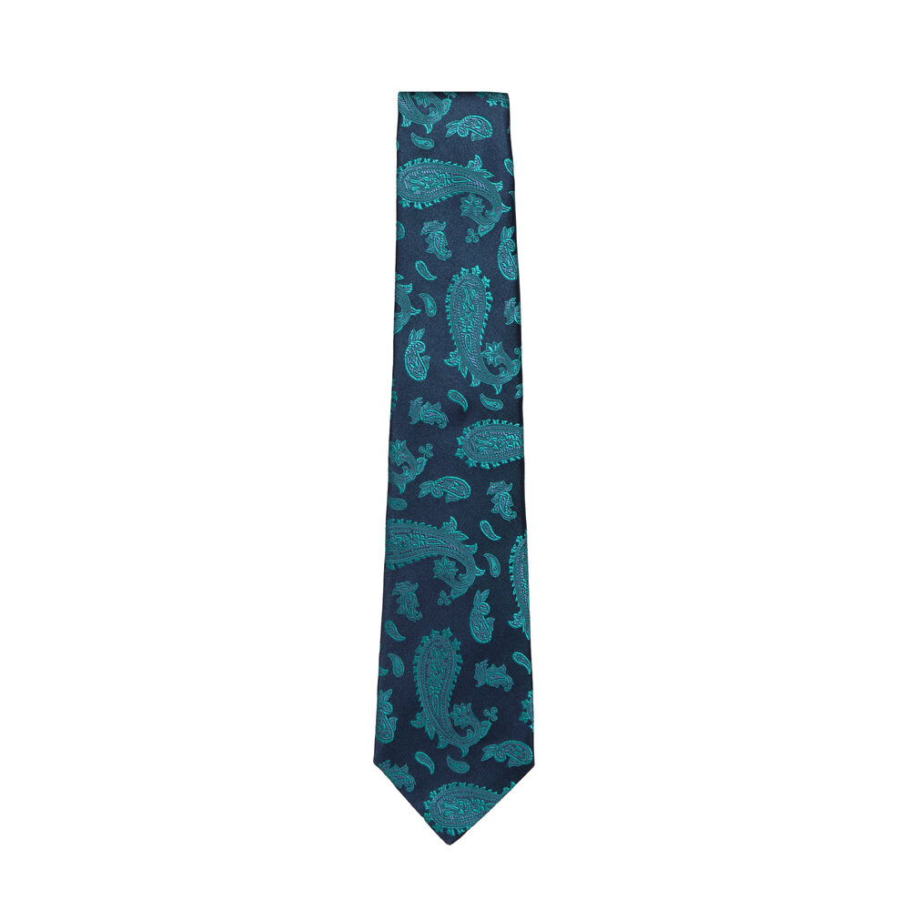 Kiton - Navy Blue & Teal Paisley Silk Necktie | Mitchell Stores