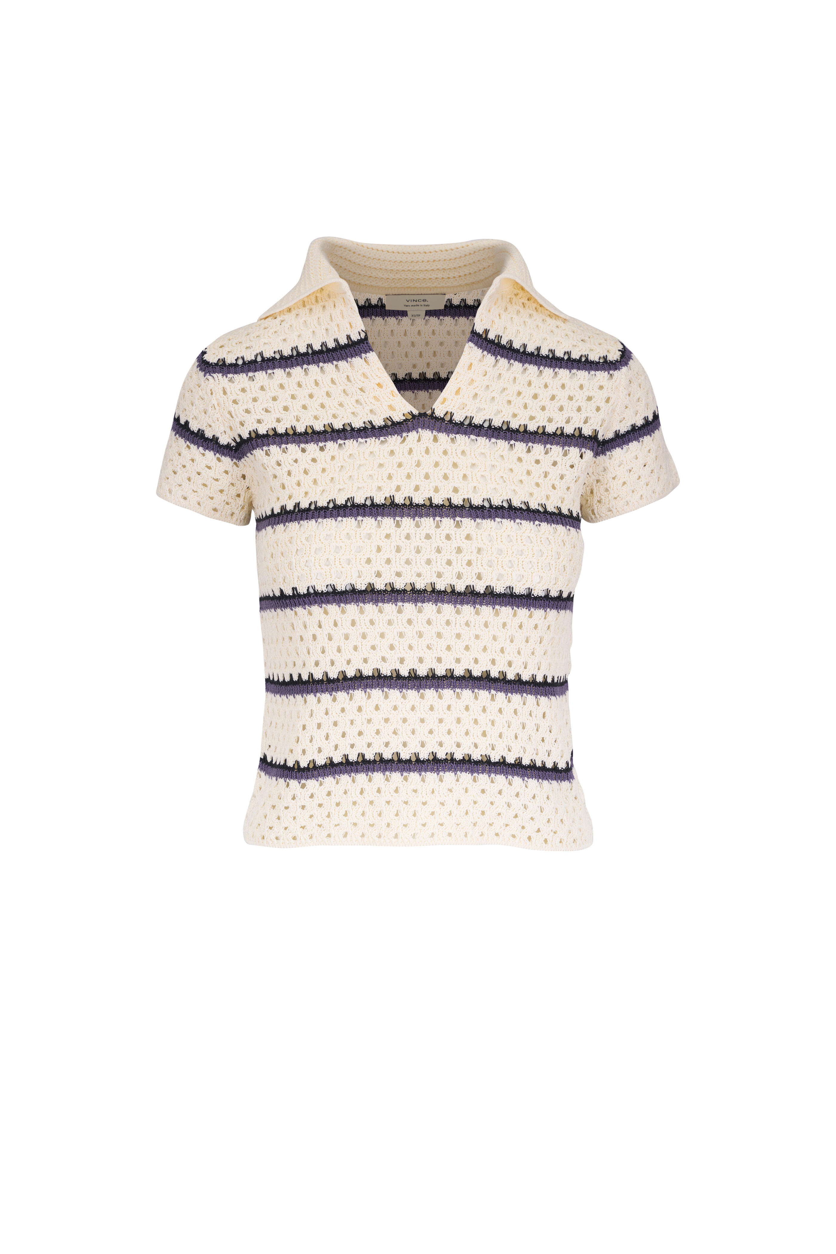 Vince - Off White Combo Stripe Macramé Cotton Polo Sweater Vince - Off White Combo Stripe Macramé Cotton Polo Sweater