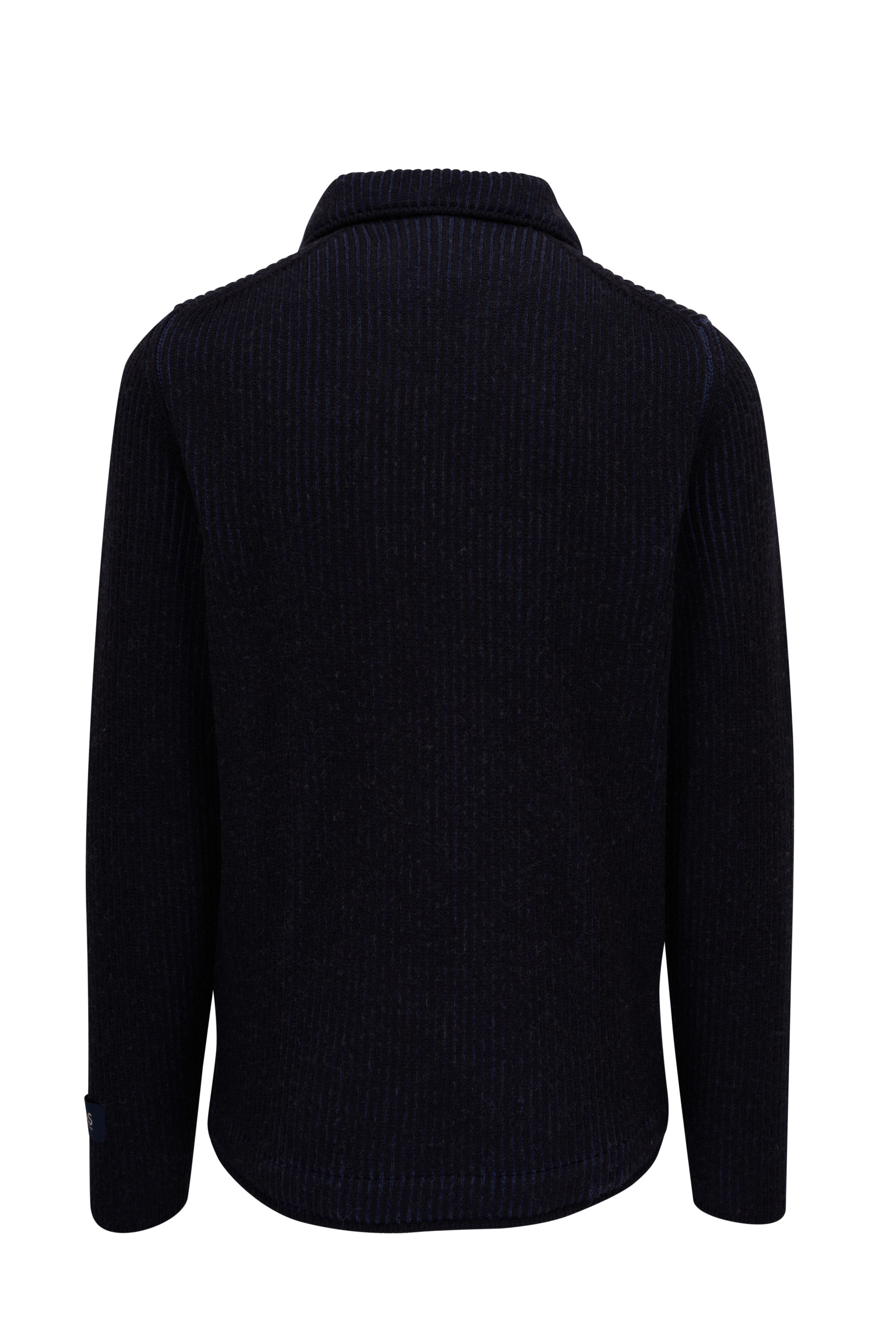 Barmas - Navy Blue Ribbed Knit Wool Pea Coat | Mitchell Stores