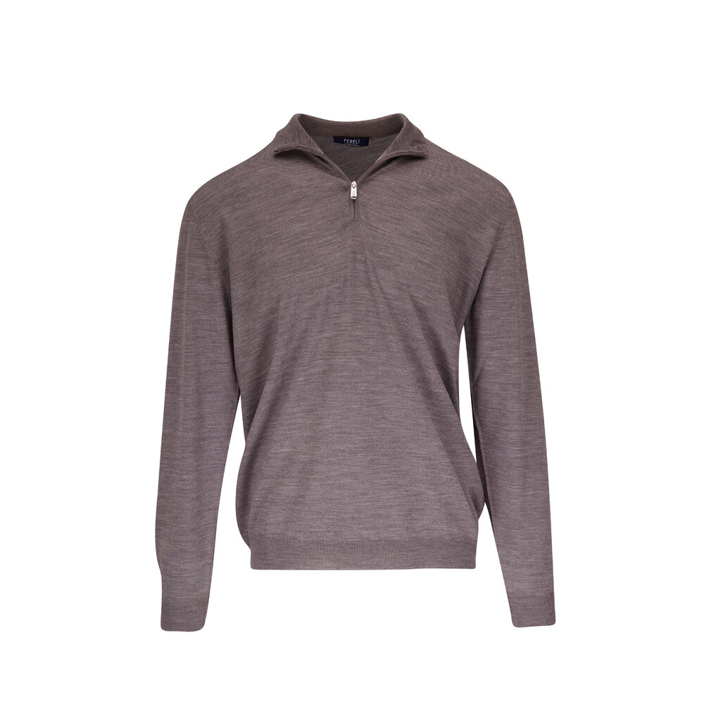 Fedeli - Mushroom Super 140's Wool Quarter Zip Pullover