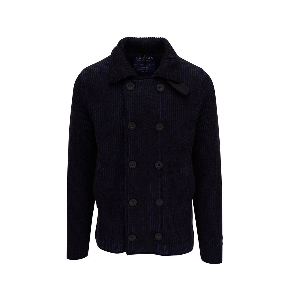 Barmas - Navy Blue Ribbed Knit Wool Pea Coat | Mitchell Stores