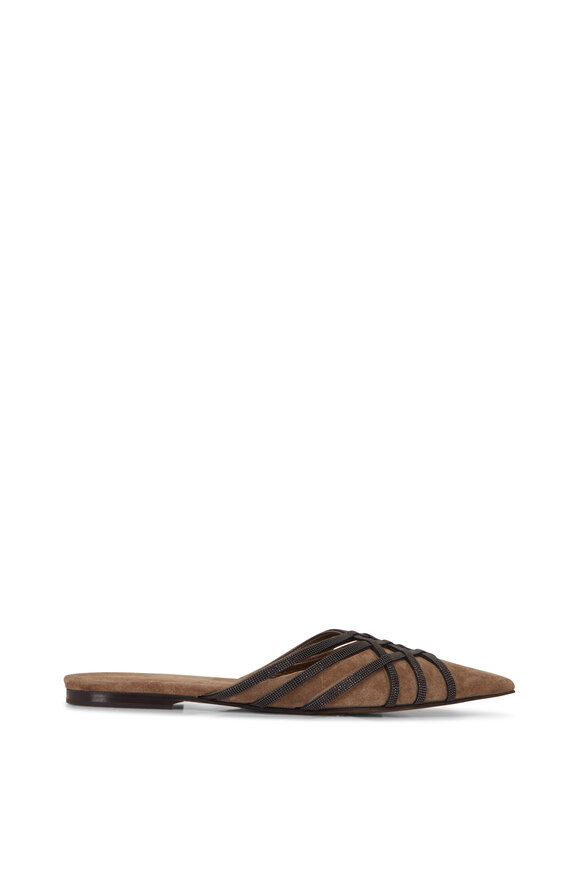 Brunello Cucinelli - Precious Net Brown Suede Flat Mule