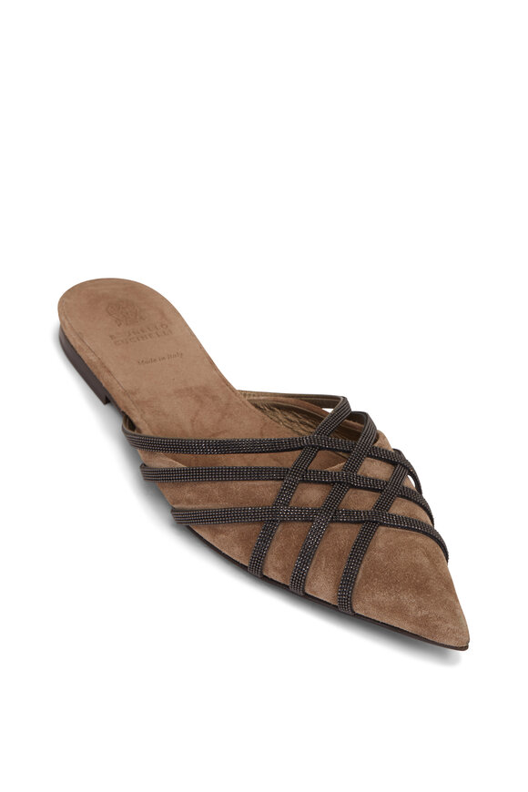 Brunello Cucinelli - Precious Net Brown Suede Flat Mule