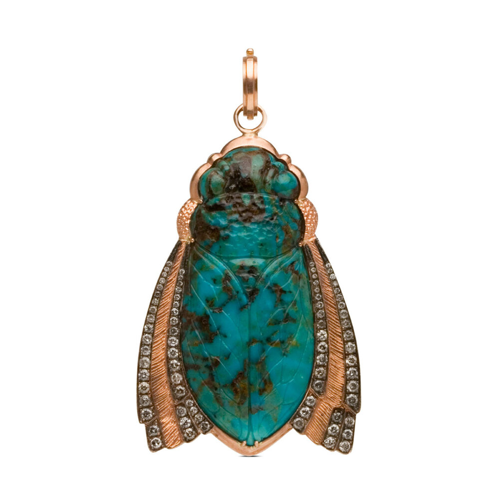 Sylva & Cie - Rose Gold and Carved Turquoise Cicada Pendant