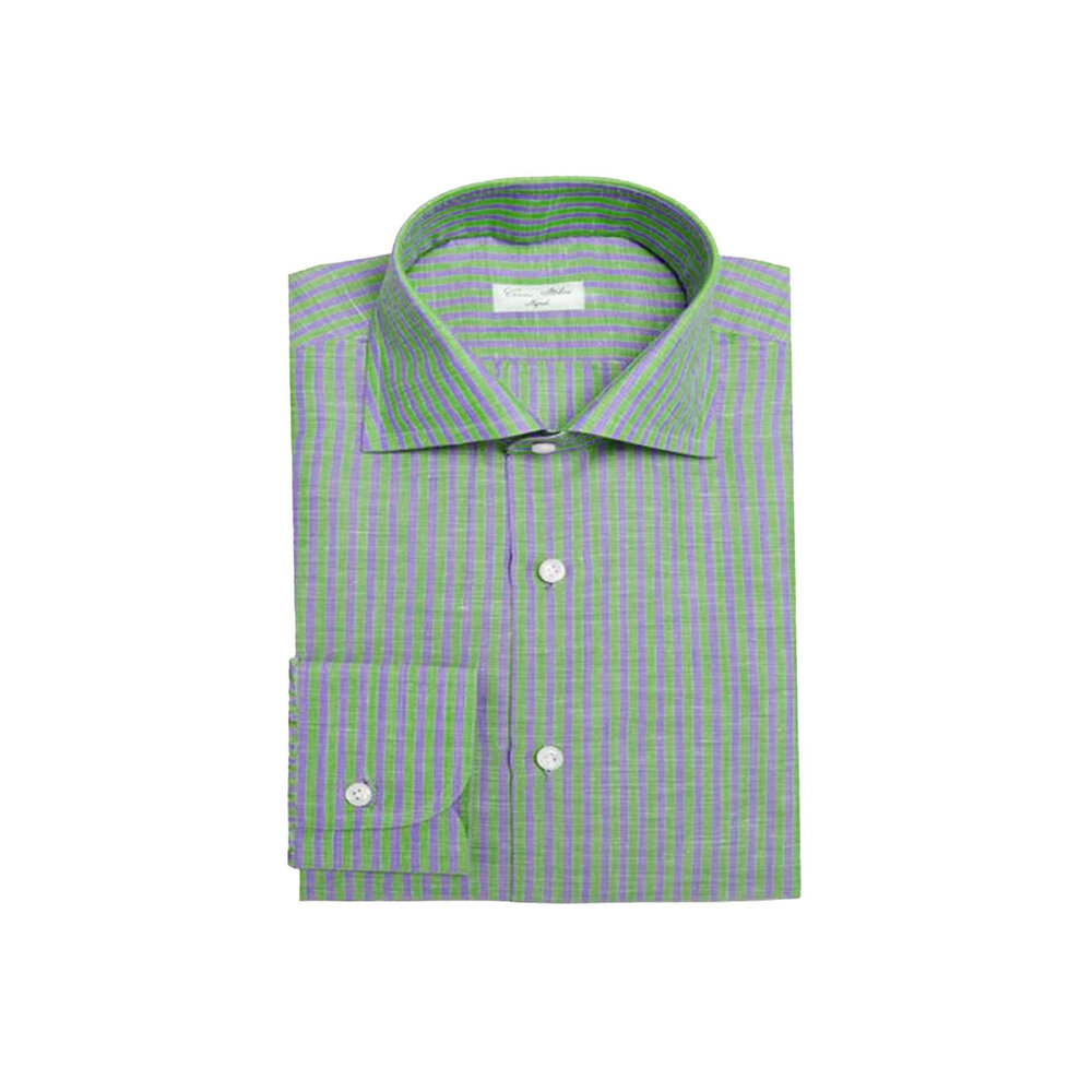 Cesare Attolini - Green and Blue Stripe Dress Shirt