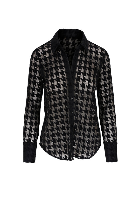 L'Agence - Hailey Black Velvet & Mesh Houndstooth Blouse