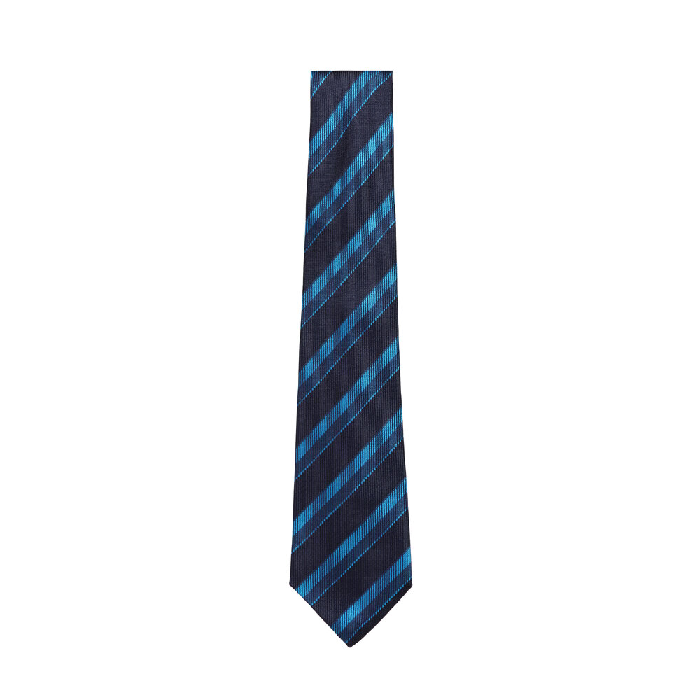 Kiton - Navy & Bright Blue Stripe Silk Necktie | Mitchell Stores