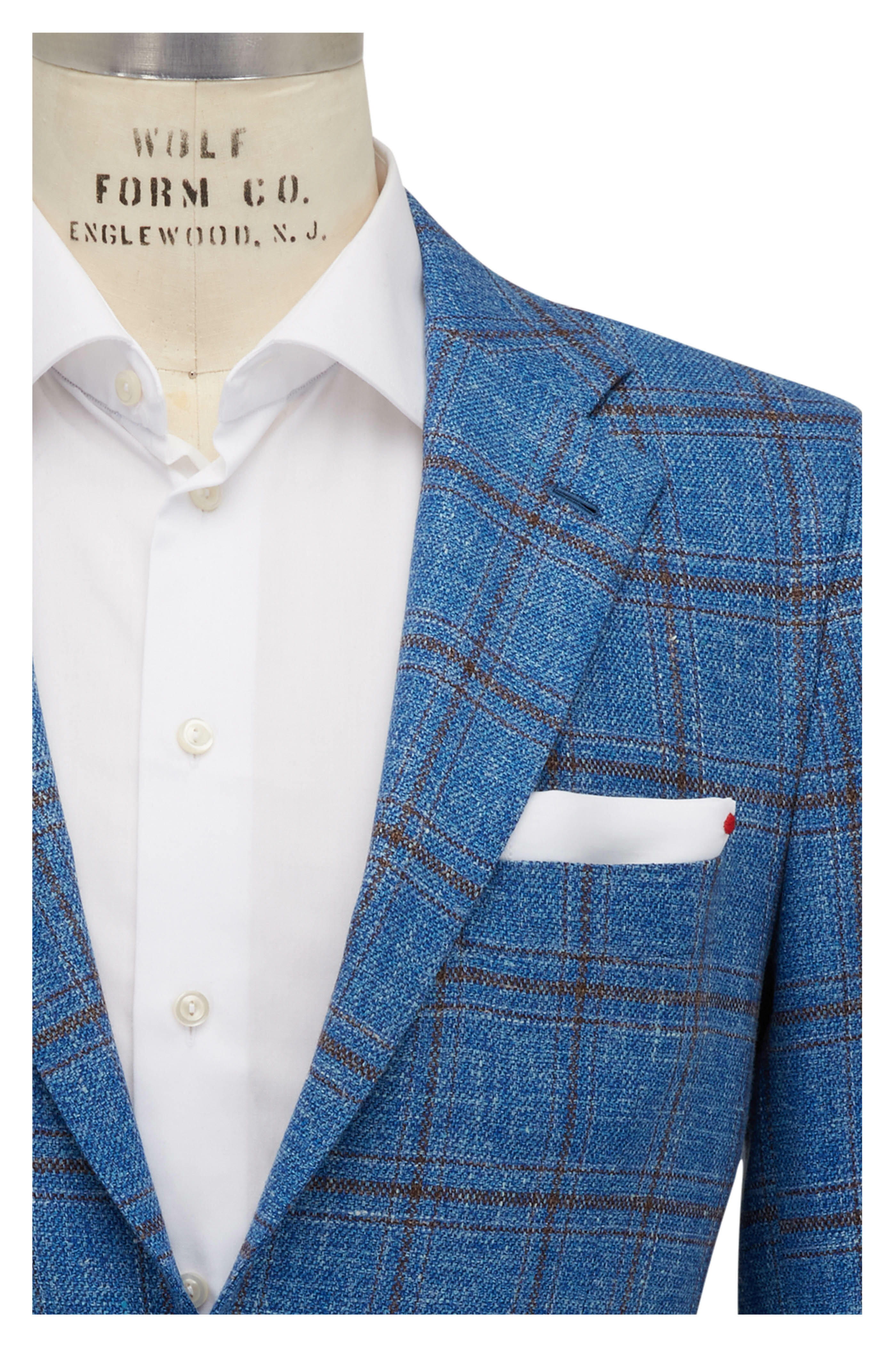 Kiton - Aqua & Brown Windowpane Wool Blend Sportcoat