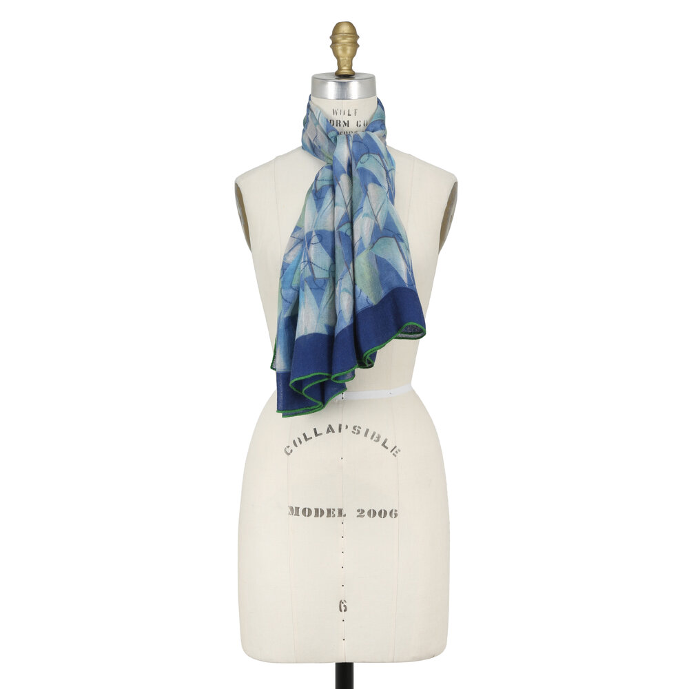 Loro Piana - Denim Blue Sailboat Print Silk & Cashmere Scarf
