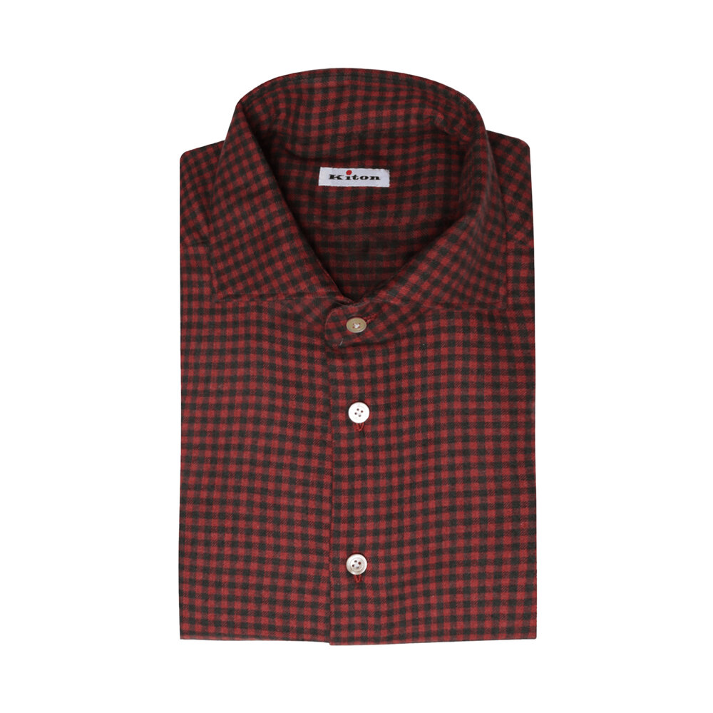 Kiton - Brown and Red Mini Flannel Buff Check Sportshirt