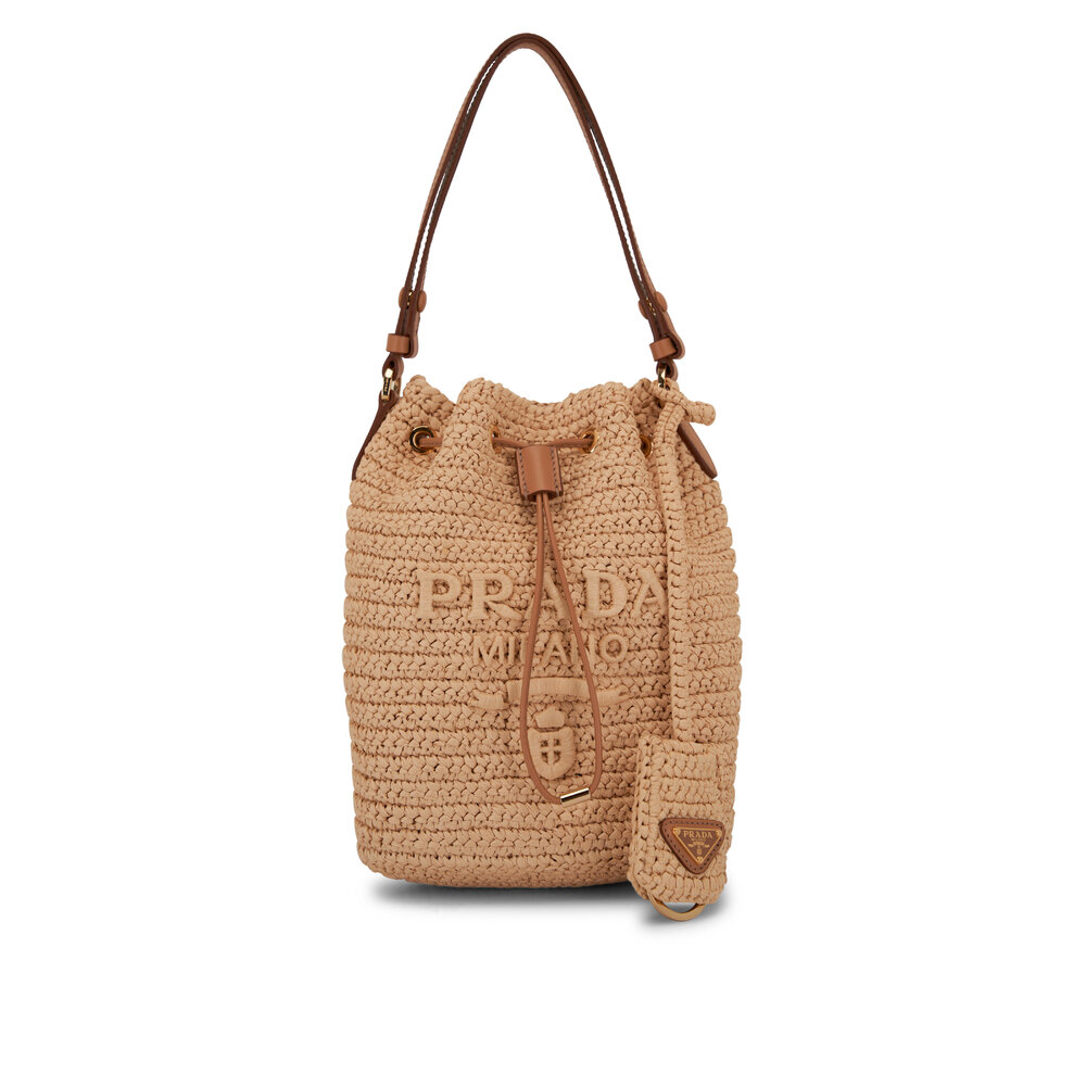 Prada - Natural Raffia Crochet & Brown Leather Bucket Bag