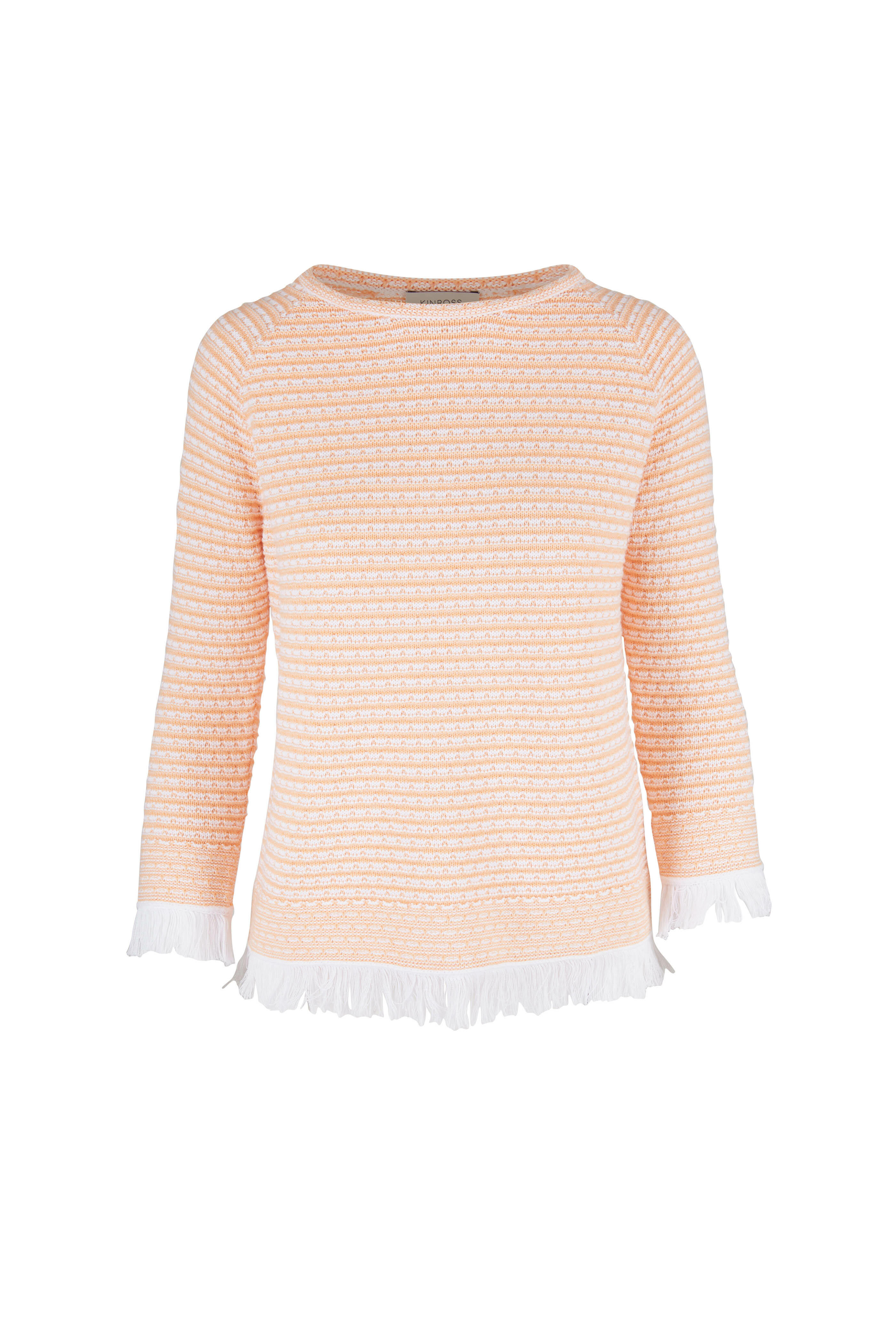 Kinross - White & Apricot Super Soft Cotton Fringe Sweater