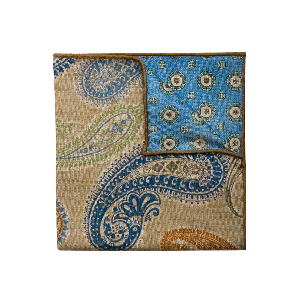 Geoff Nicholson - Blue and Orange Paisley Reversible Pocket Square