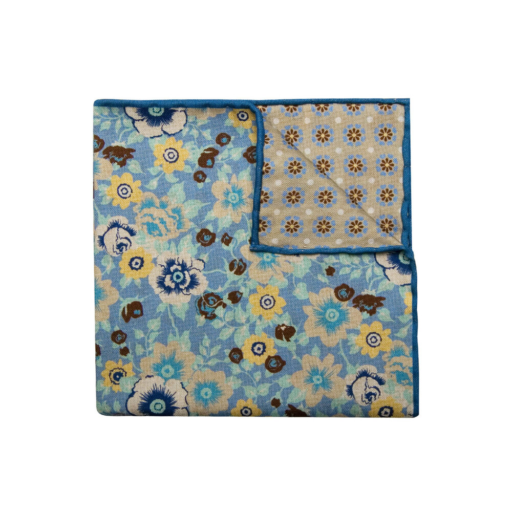 Geoff Nicholson - Blue and Beige Floral Reversible Pocket Square
