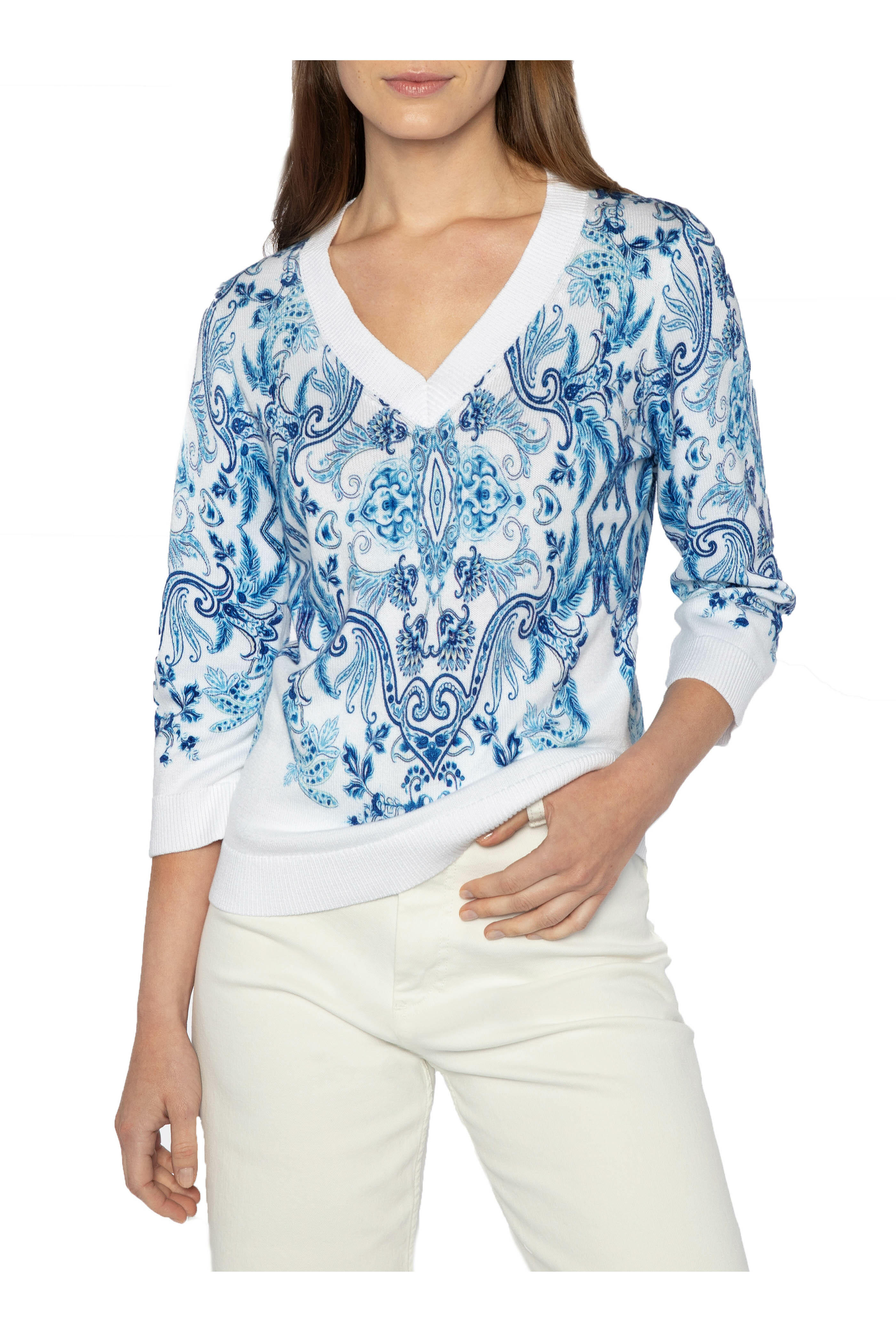 Kinross - White Tavira Print V-Neck Sweater | Mitchell Stores