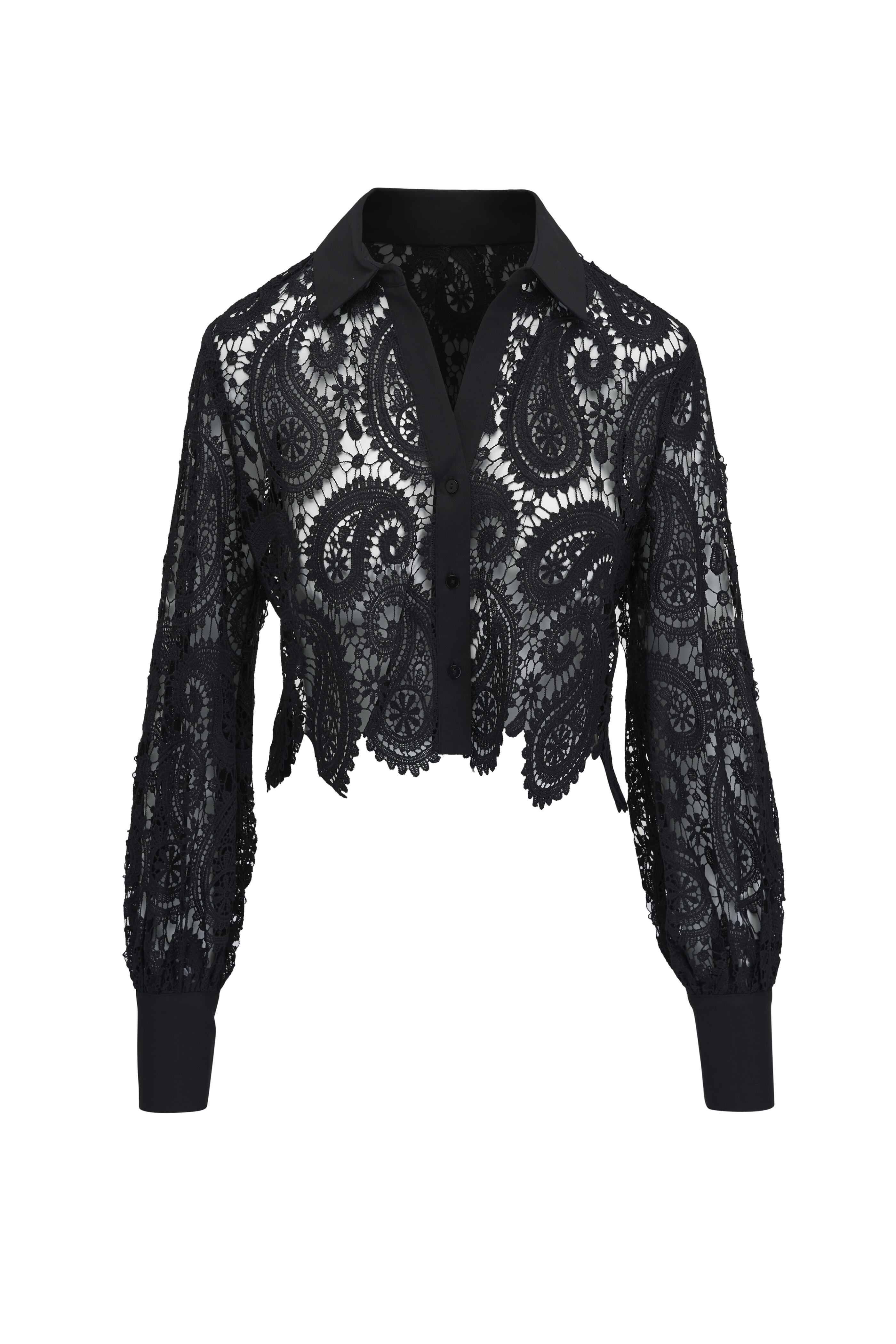 L'Agence - Odelia Black Lace Cropped Button Down Blouse