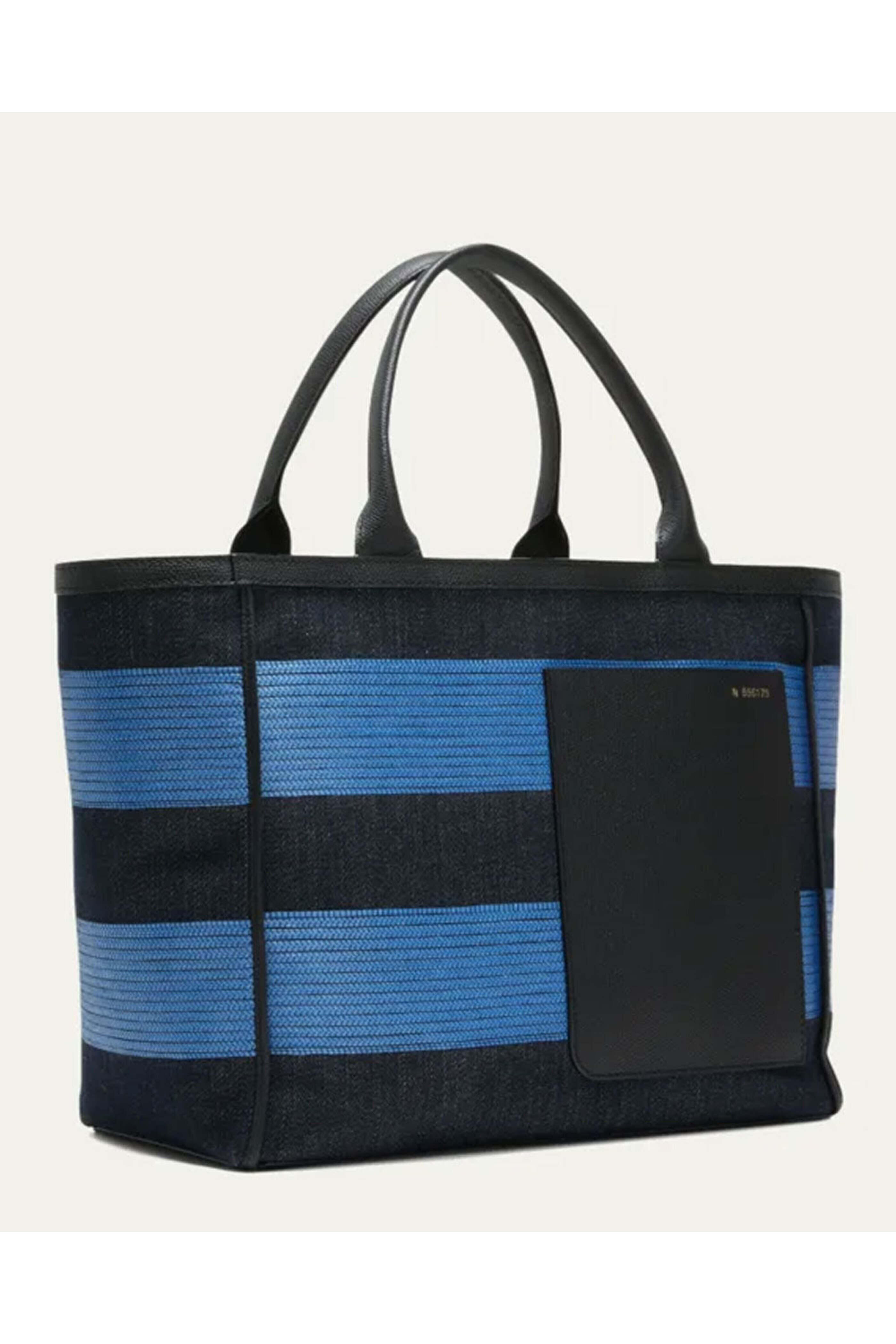 Valextra - Medium Striped Media Shopping Tote in Nero & Royal