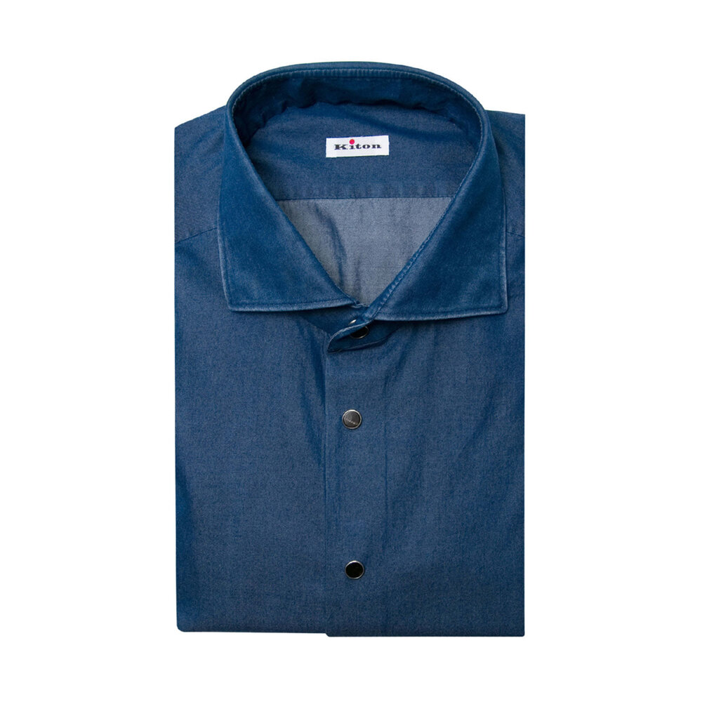 Kiton - Medium Blue Chambray Snap Button Shirt | Mitchell Stores