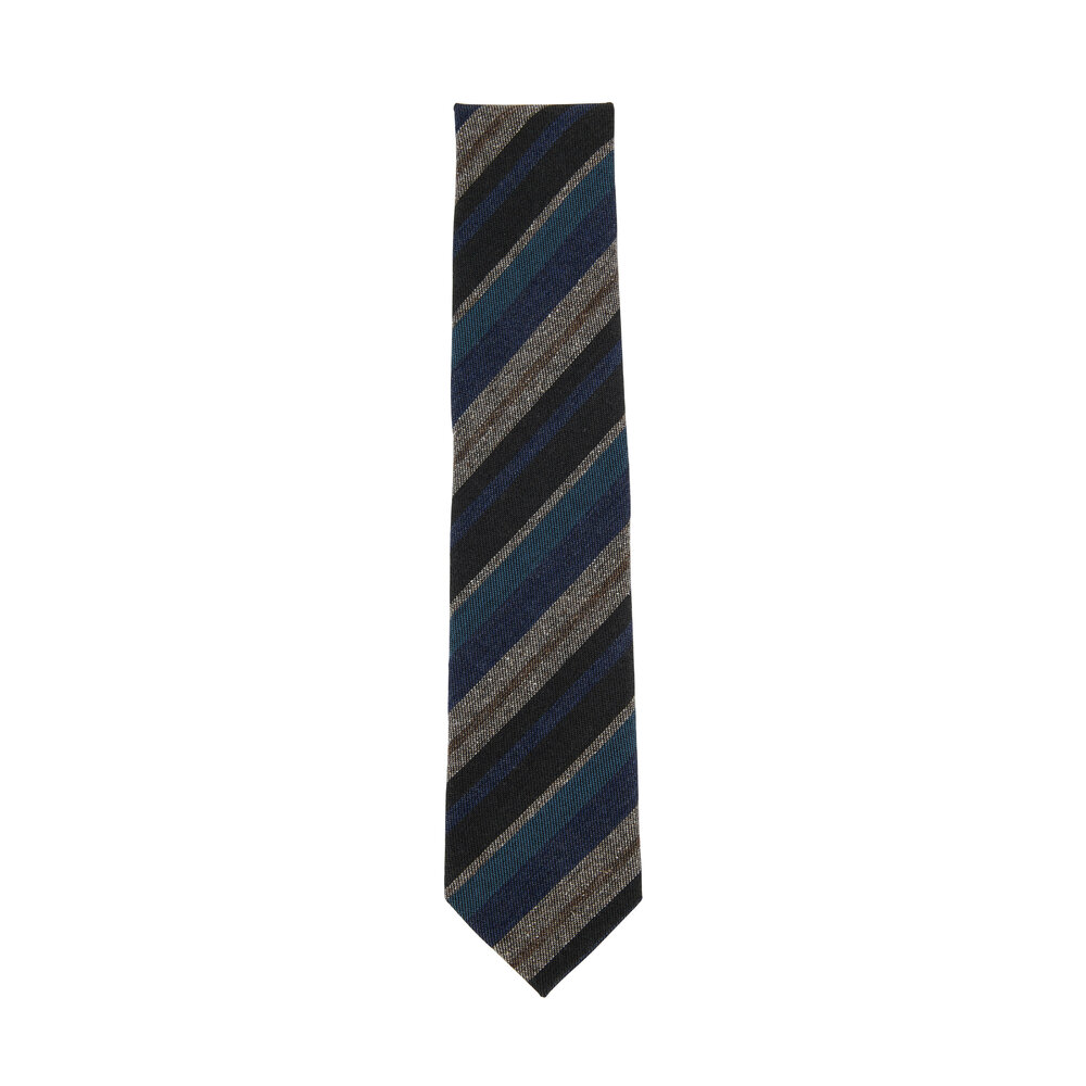 Brioni - Gray & Blue Striped Wool Blend Necktie | Mitchell Stores