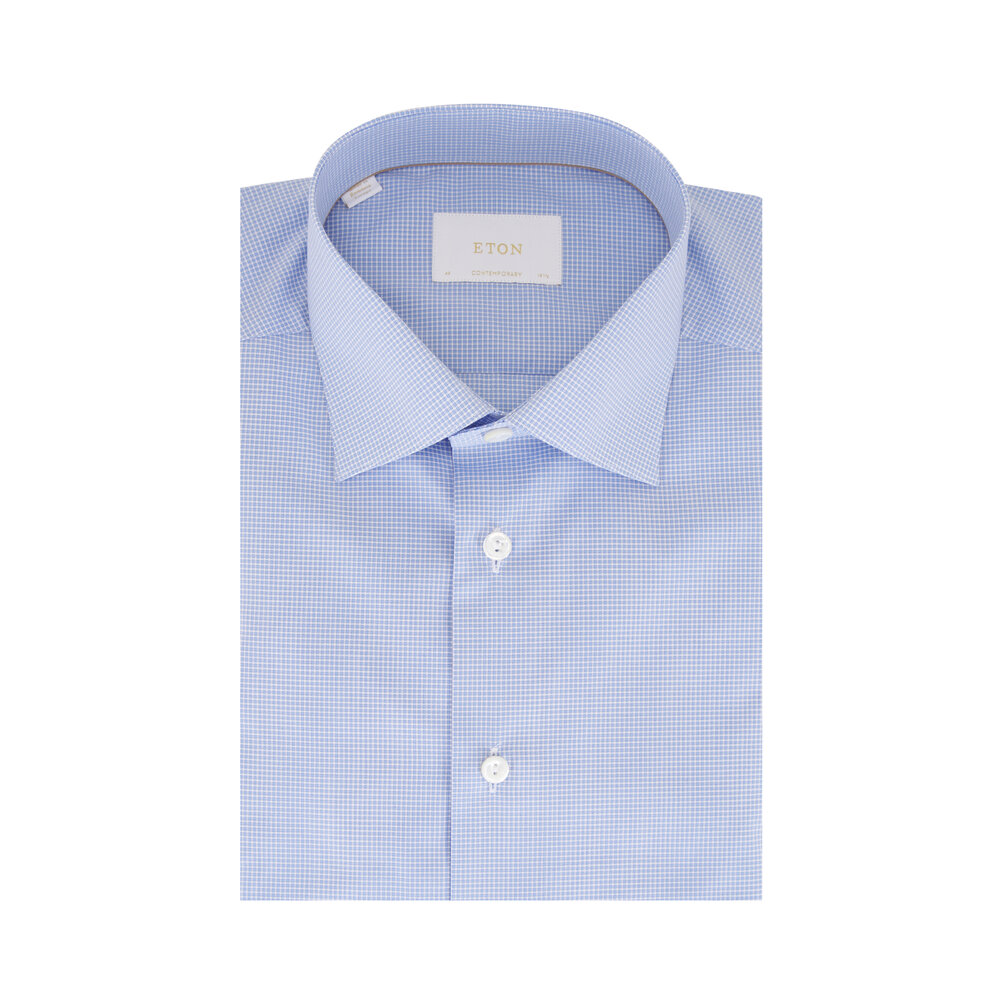 Eton - Light Blue Micro Check Cotton Dress Shirt